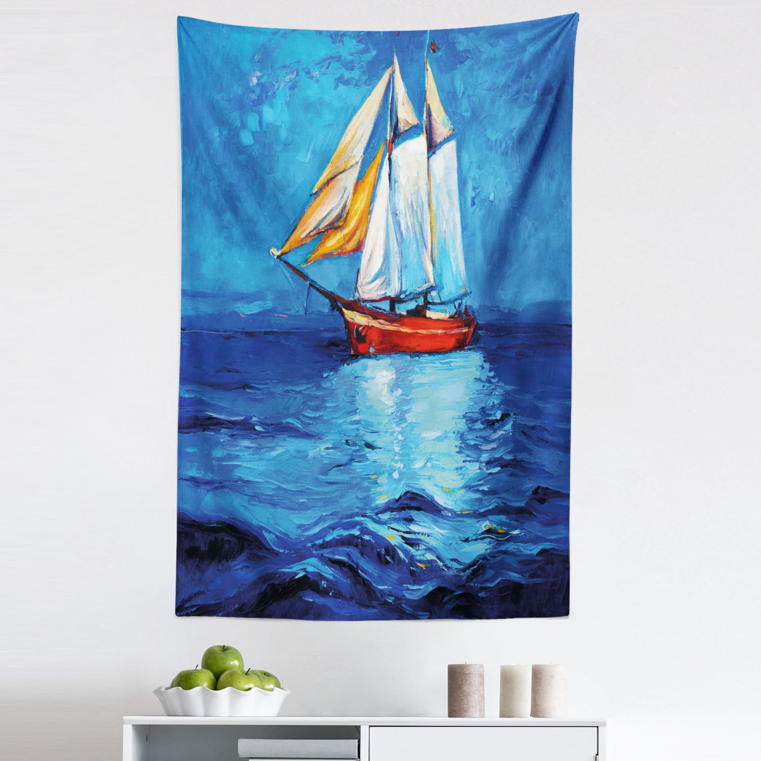 Nautical Tapestry, Oil Painting Style Sailing Ship on Horizon ...