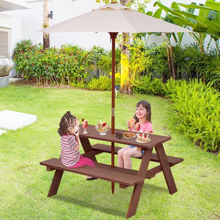 LZMY Kids Picnic Table Set with Removable Umbrella, Outdoor Kids Wooden ...