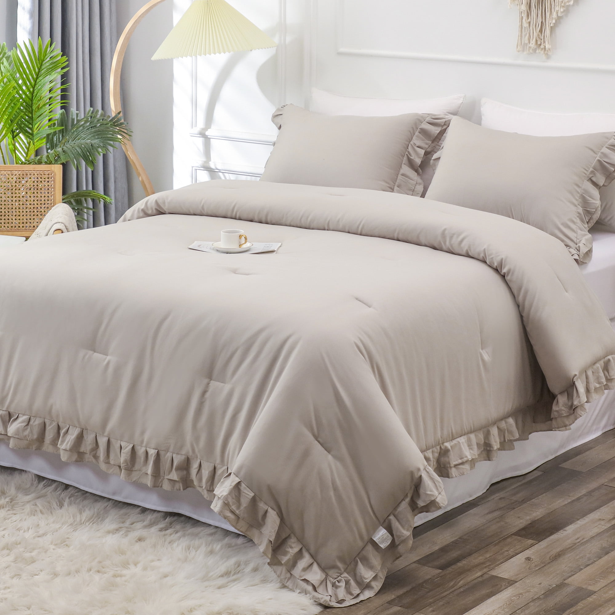 LUCKYBULL Wheat Double Ruffle Comforter Set Queen Size (90x90 Inch), 3 ...