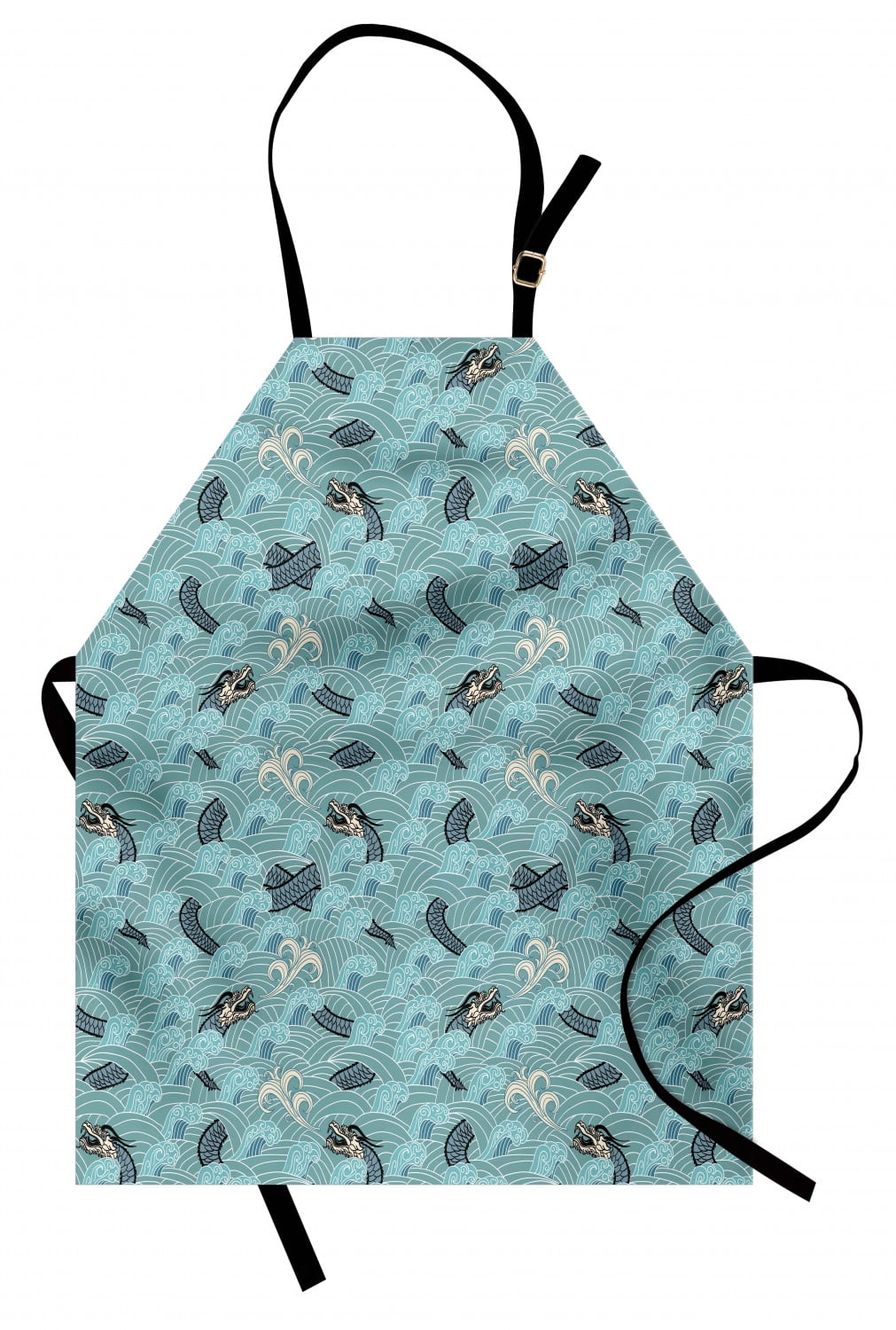 Japanese Wave Apron Asian Style Pattern with Dragon Figures and Sea ...