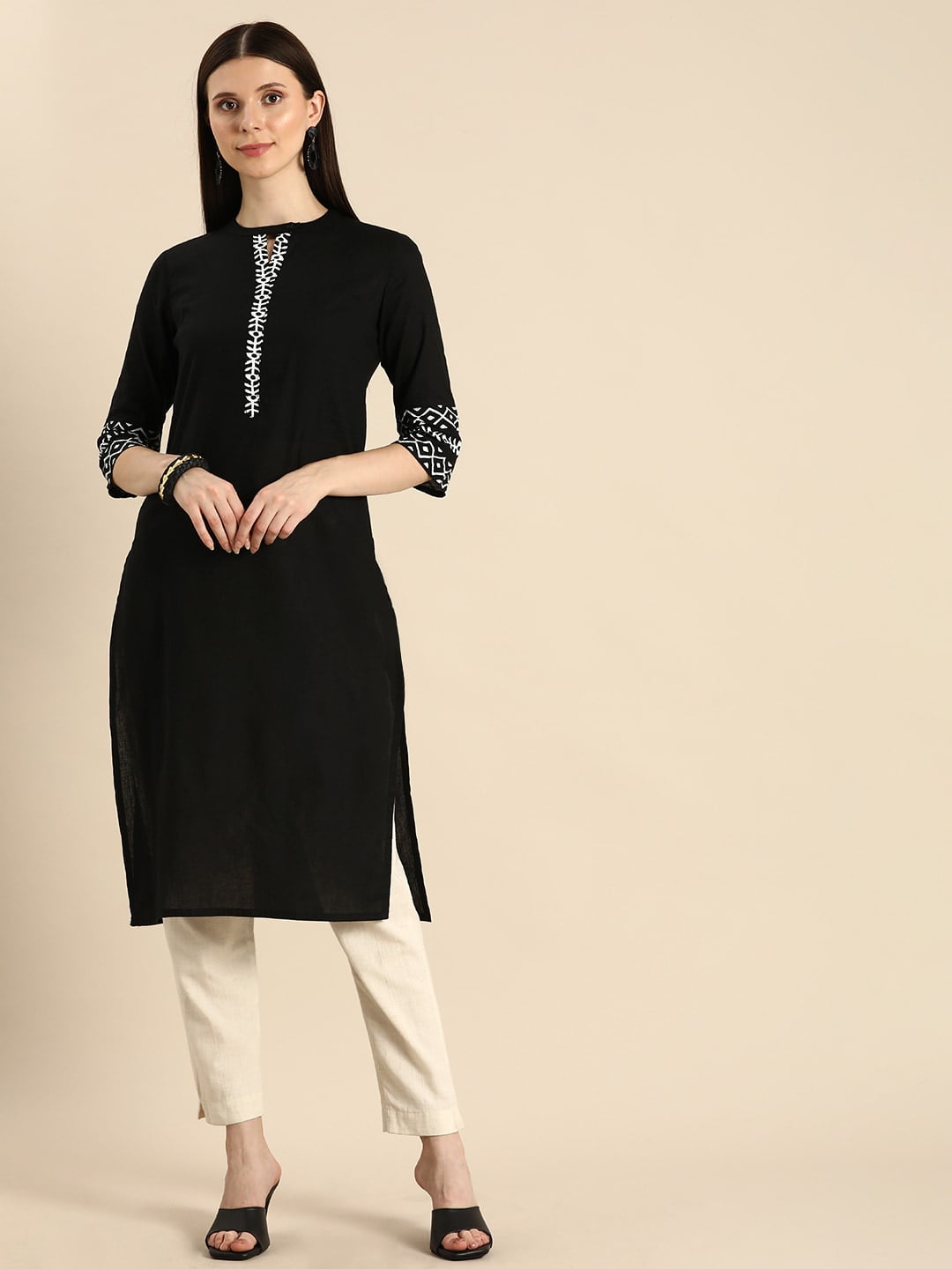 Anouk By Myntra Women Black Ethnic Motifs Yoke Design Mandarin Collar