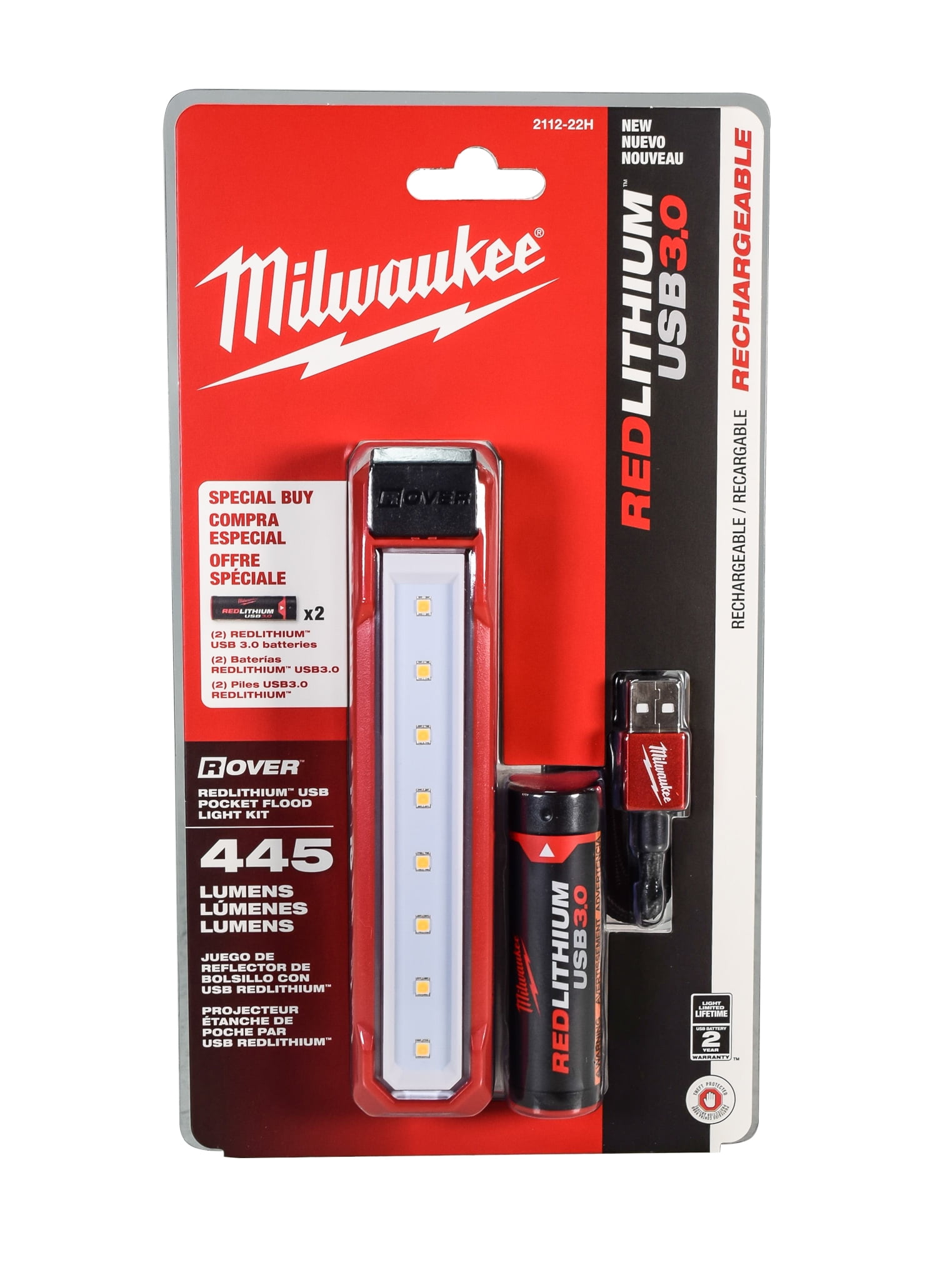Milwaukee 2112-22H 445 Lumens LED USB Rover Pocket Flood Light Kit with (2) USB 3.0 Ah Batteries ...