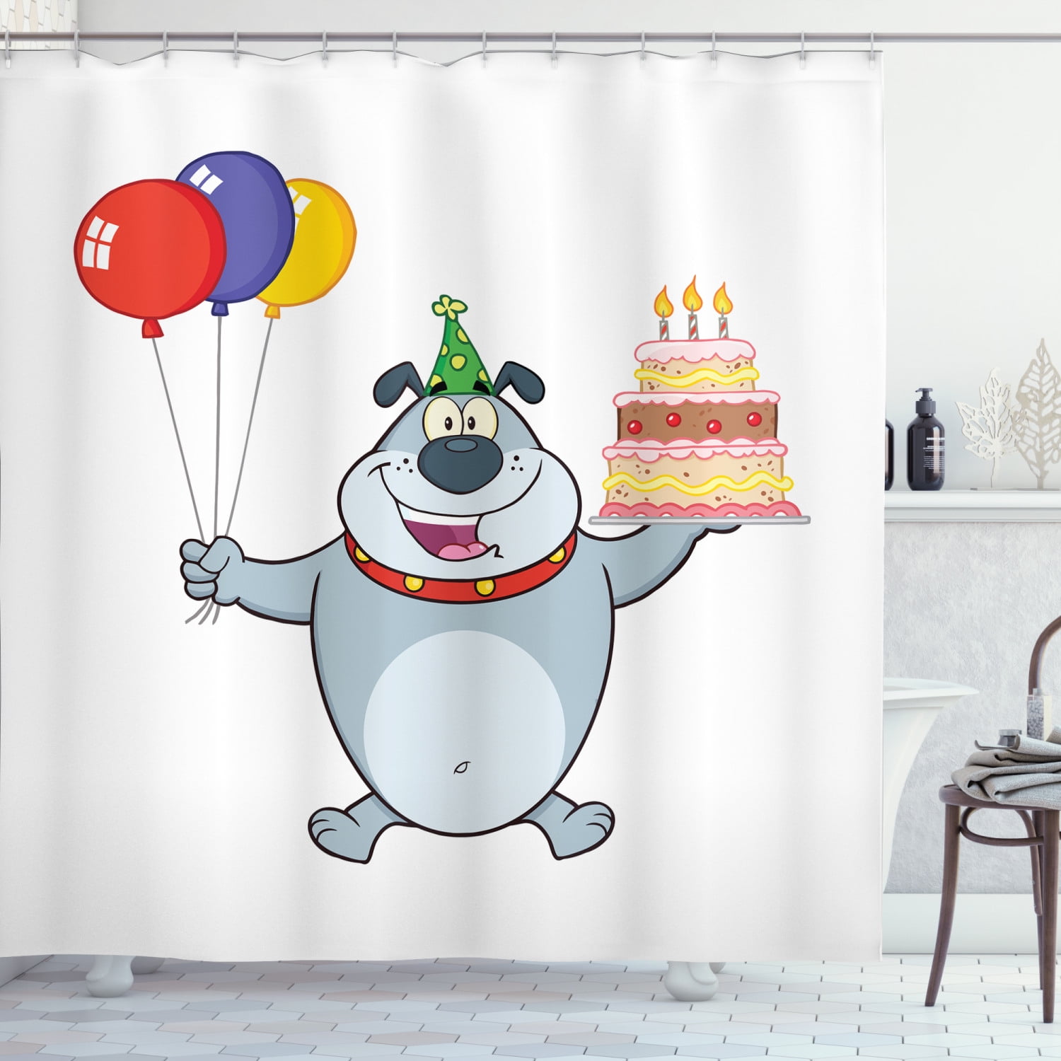 Smile Shower Curtain, Happy Gray Bulldog Holding Balloons and a ...