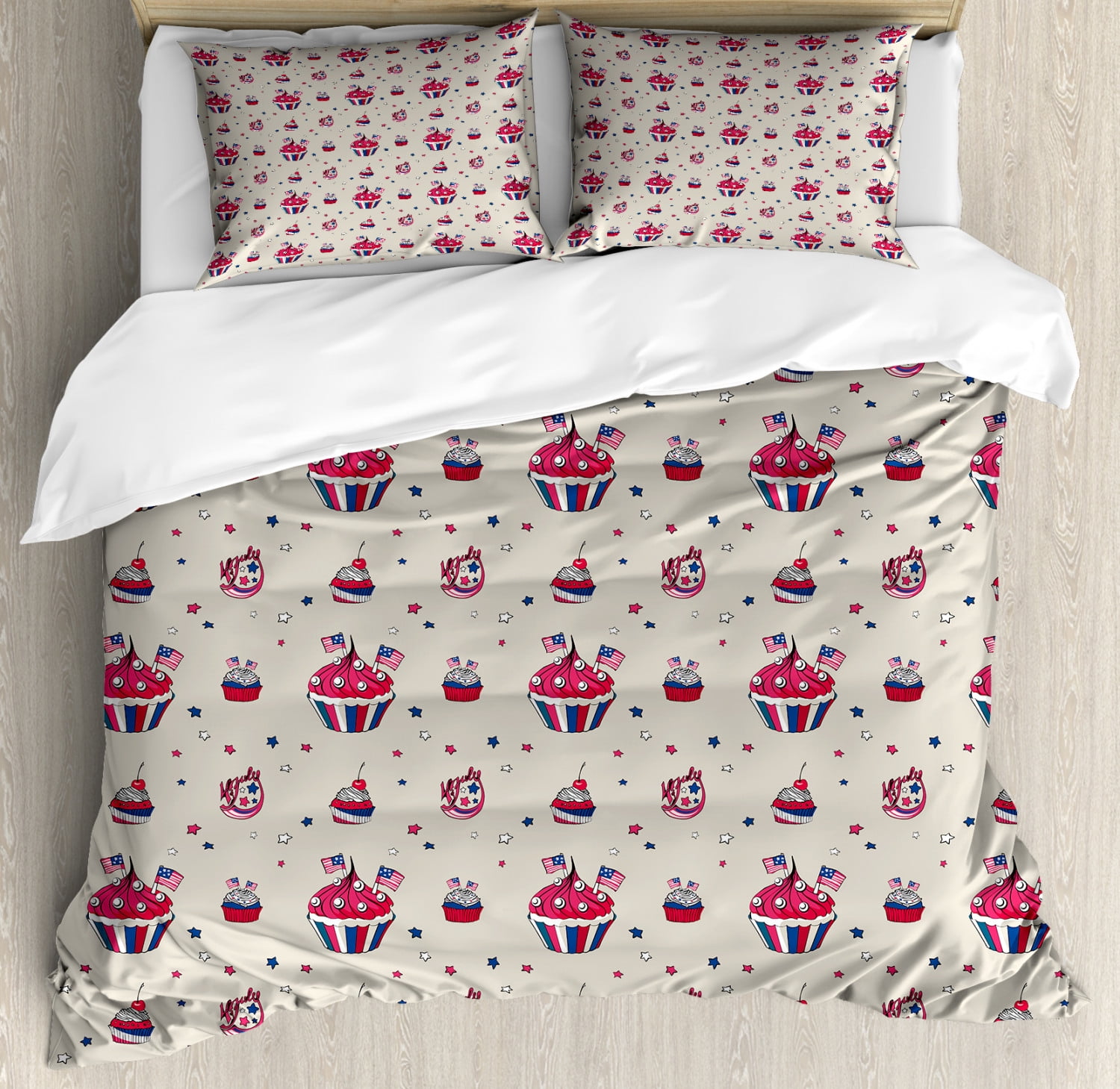 USA Duvet Cover Set Queen Size, Cupcakes with National Flags Cute Cafe ...