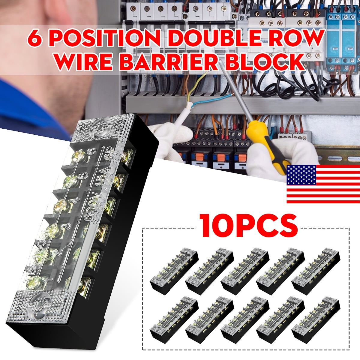 600V 15A 6 Position Dual Row Wire Barrier Screw Terminal Connector ...