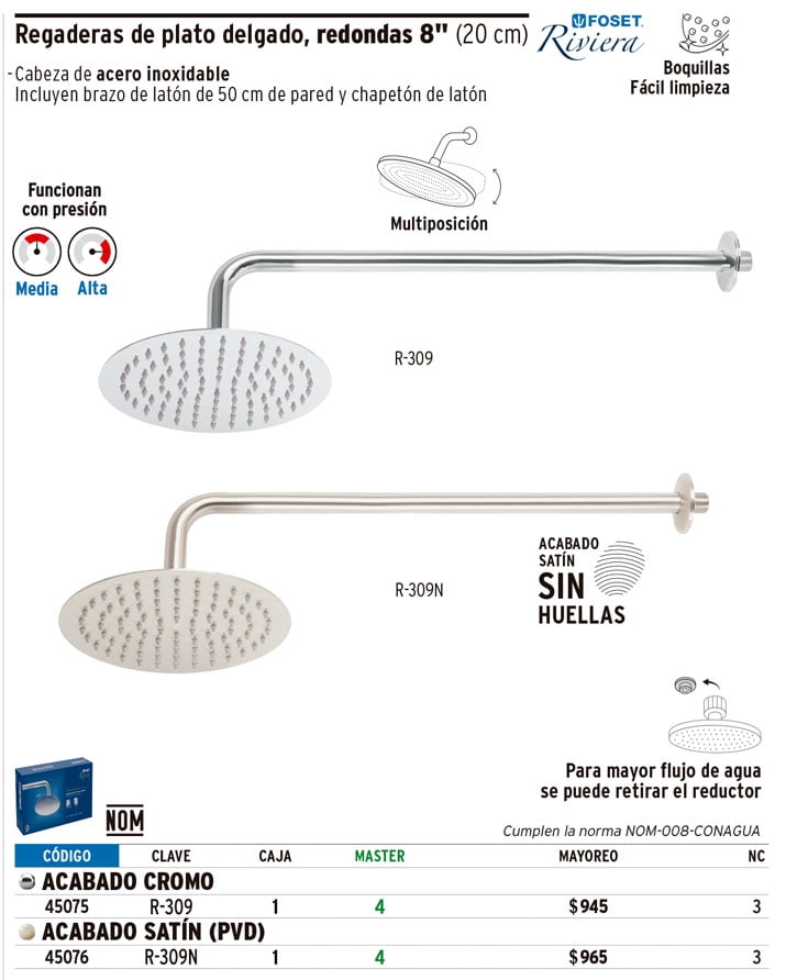 Regadera redonda, acero inoxidable, 8', cromada, Riviera Foset Regadera ...