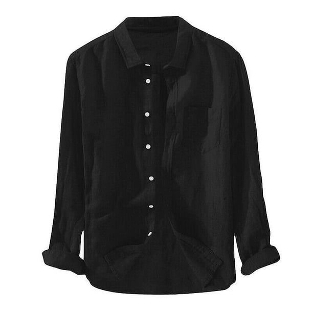 Camisetas holgadas de algodón y lino para hombre, manga larga, bolsillo ...