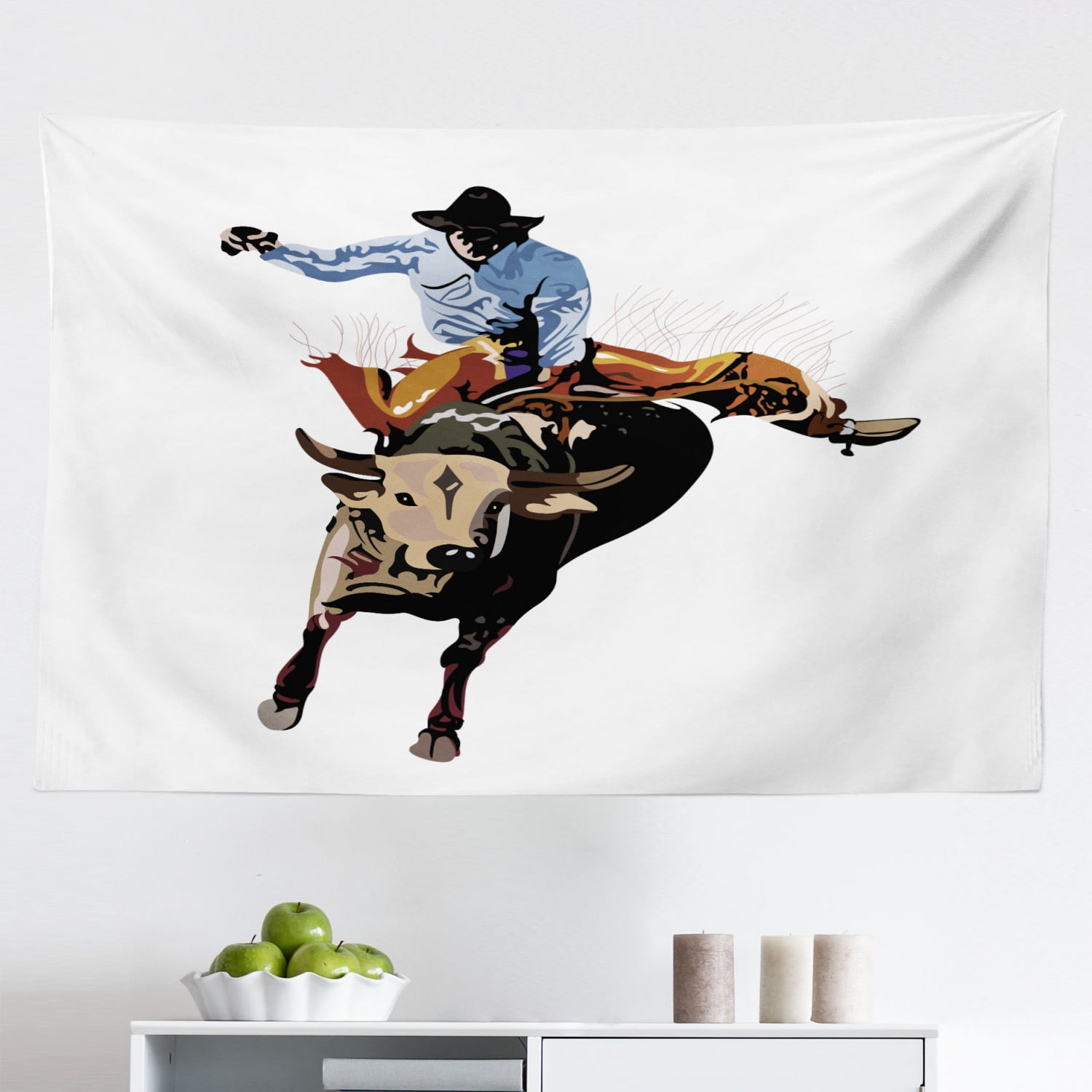 Rodeo Tapestry, Cowboy Tie-Down Roping Over a Bull in an Arena Country ...