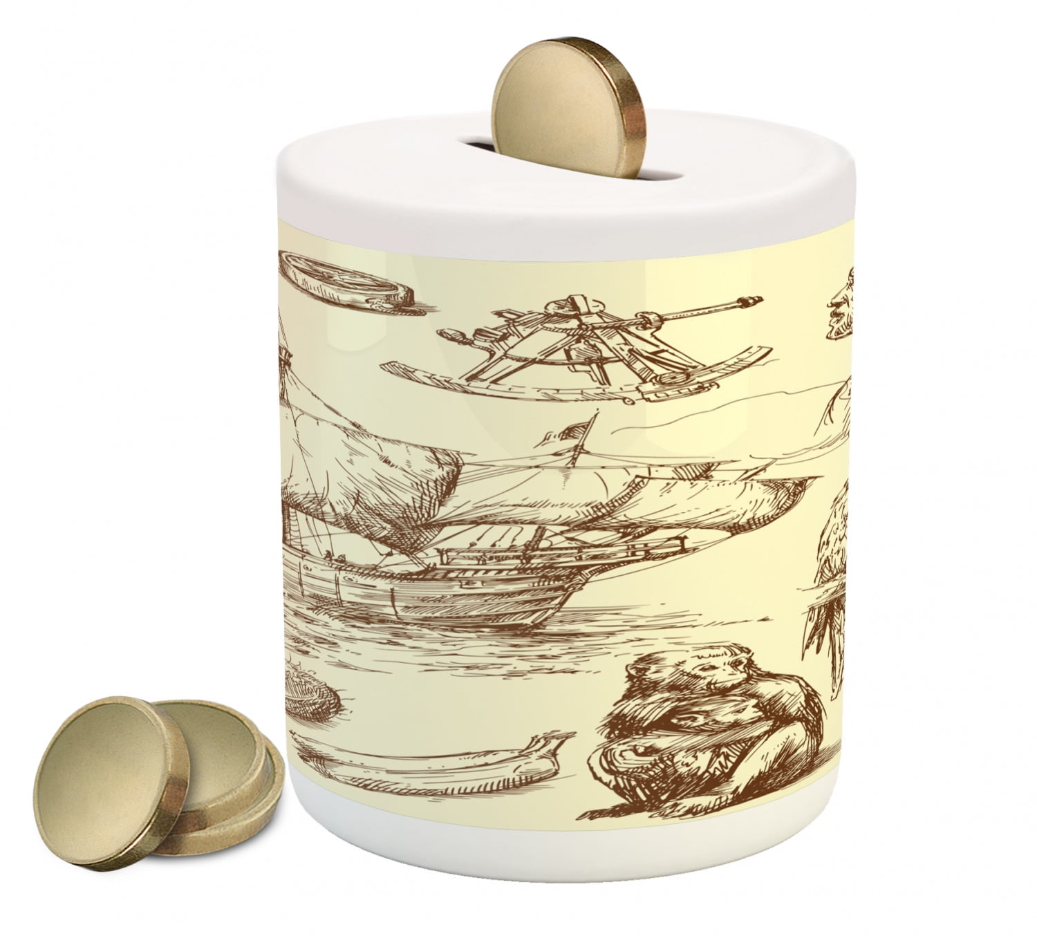 Nautical Piggy Bank, Merchant Ship Banana Monkey Parrot Boat Historical ...