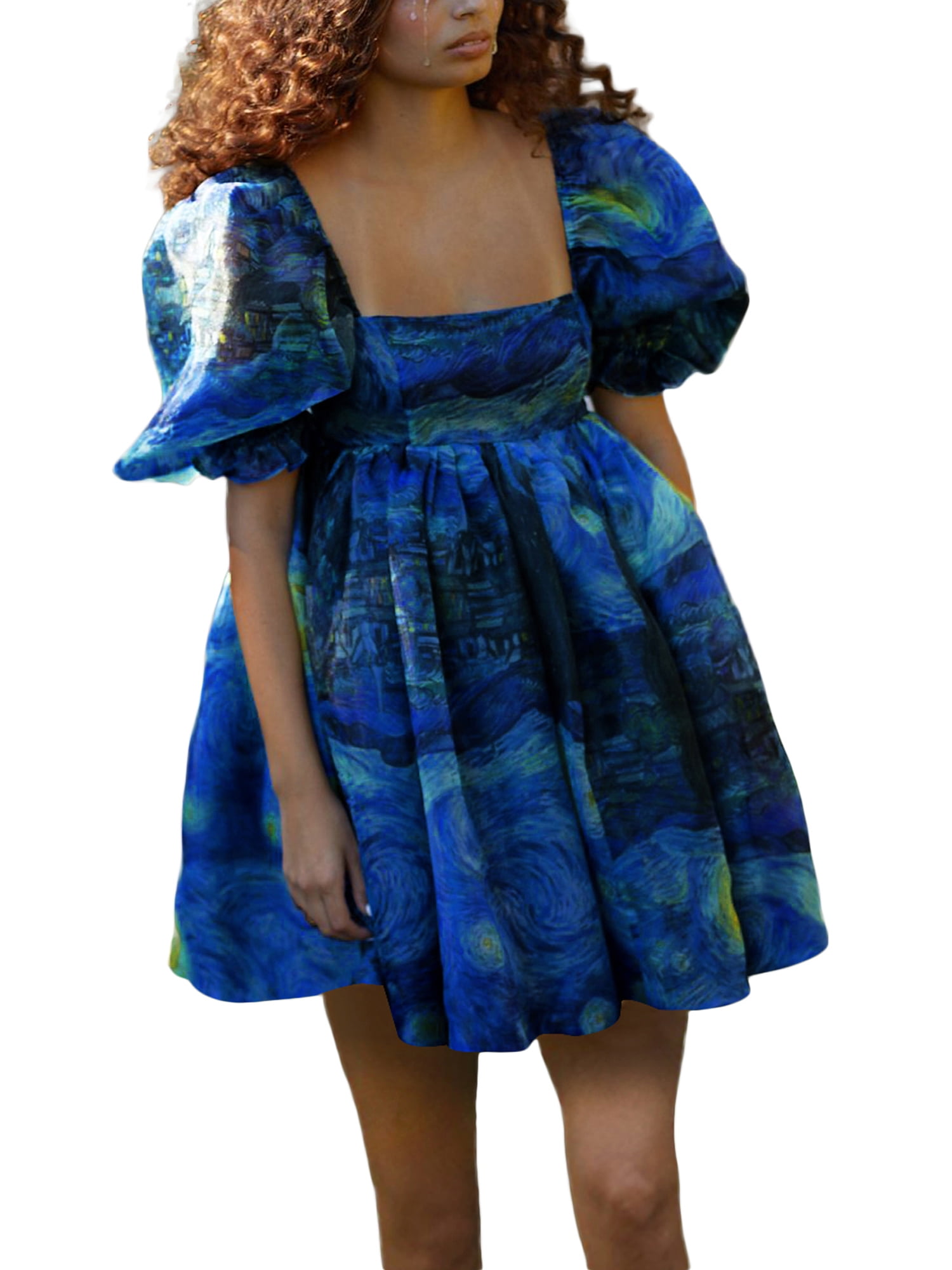 Inevnen Women Cute Puffy Dress Floral Printed Bell Sleeve Square Neck ...