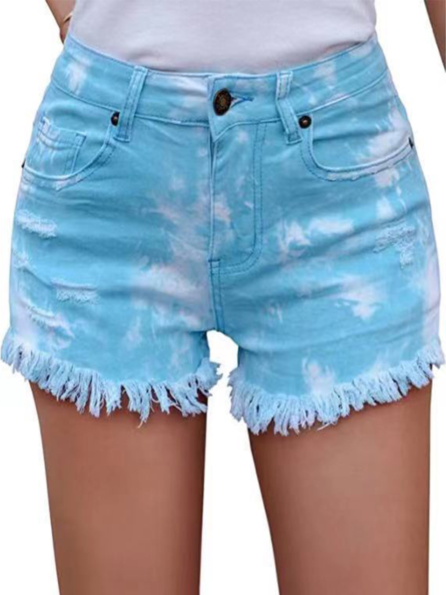 Frontwalk Womens Frayed Raw Hem Casual Denim Shorts Tie Dye Ripped ...