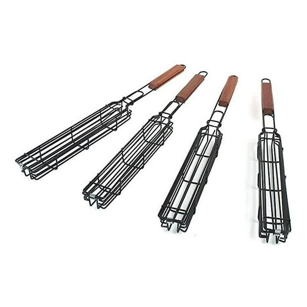 Bbq Grill Basket Set Of 4 With Locking Rack Long Wooden Handle Non ...