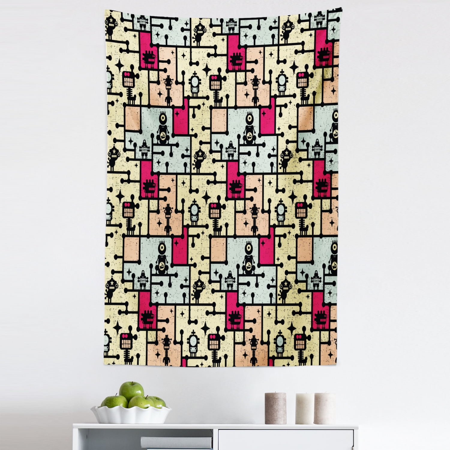 Space Tapestry, Geometric Grid Design with Stripes Dots Retro ...