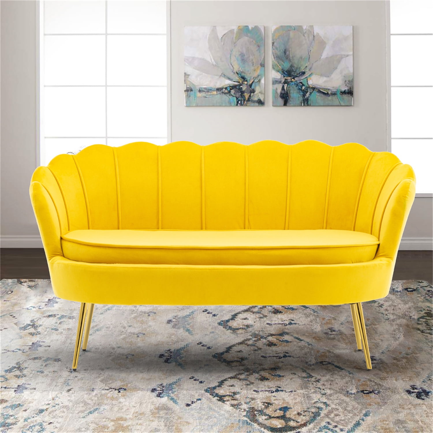 Velvet 2-Seater Sofa, Modern Upholstered Loveseat Sofa with Flower ...