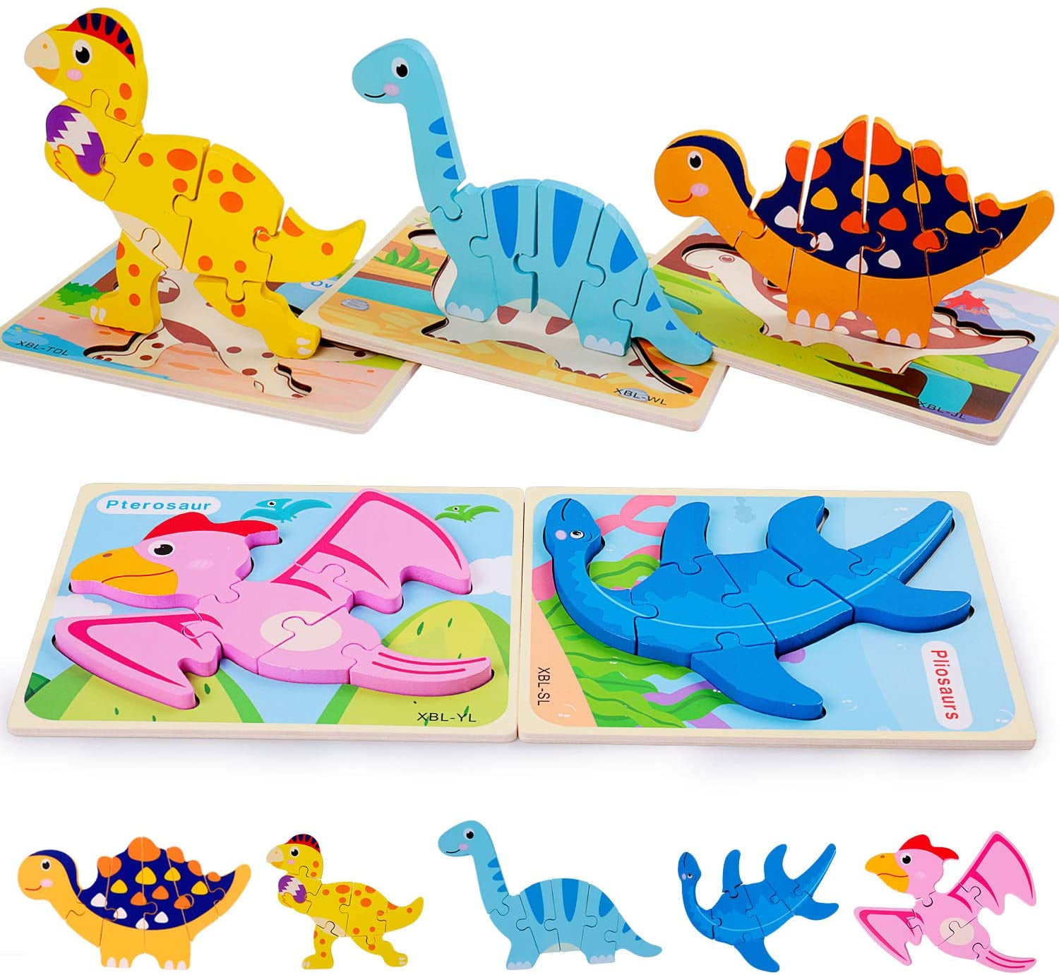 Wooden Puzzles for Kids, 3D Dinosaur Puzzles Colors & Shapes Cognition ...
