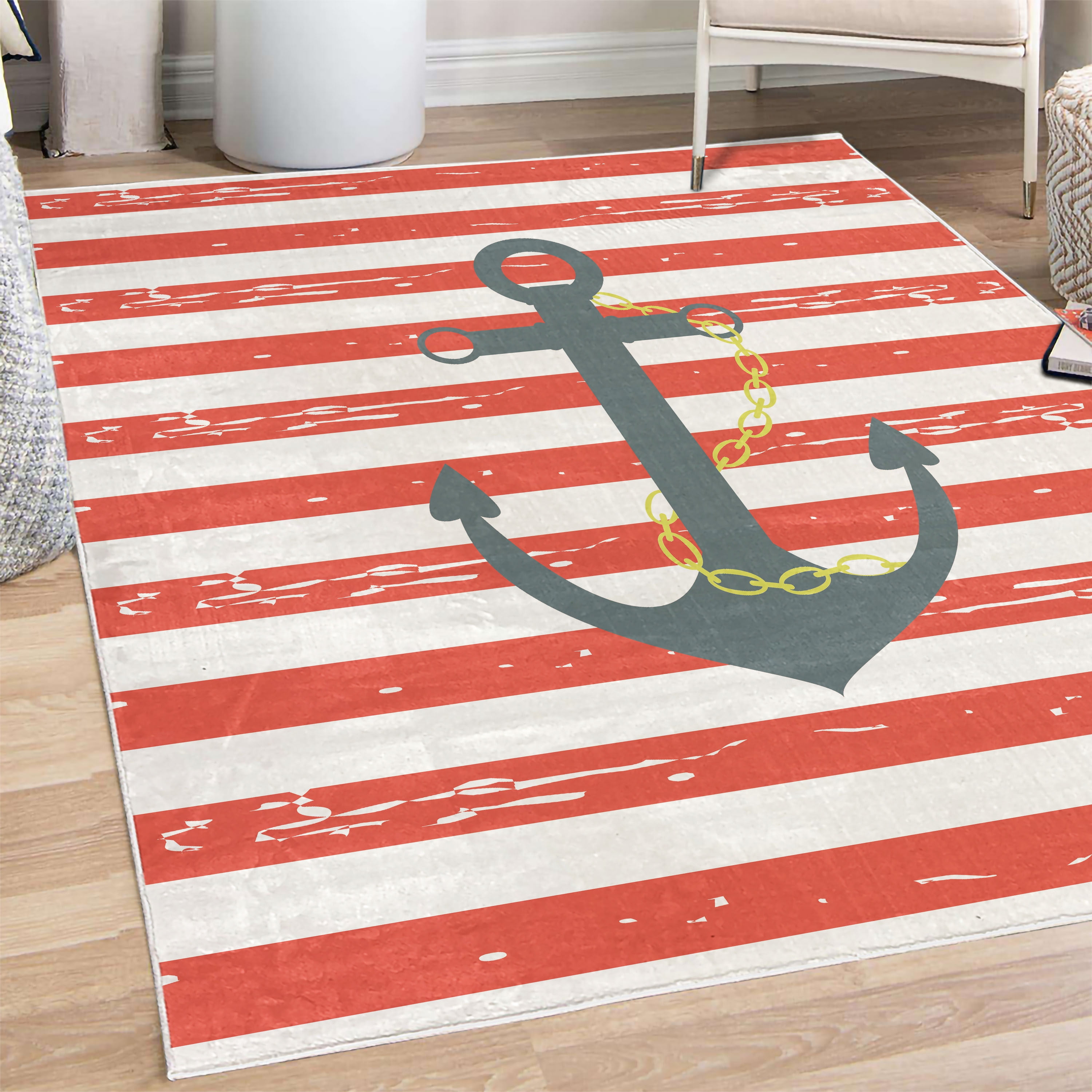 Striped Decorative Rug, Ship Anchor Chain Marine Life Inspired Lines ...