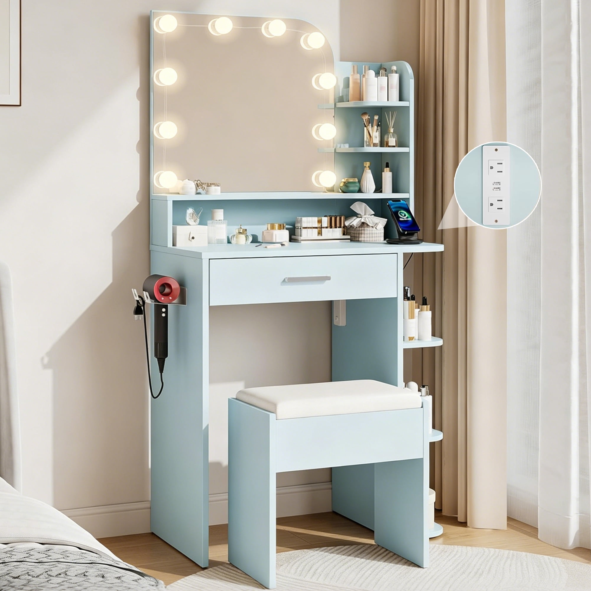 Pipleo Makeup Vanity Set with Mirror and Lights, 26.4" White Vanity ...