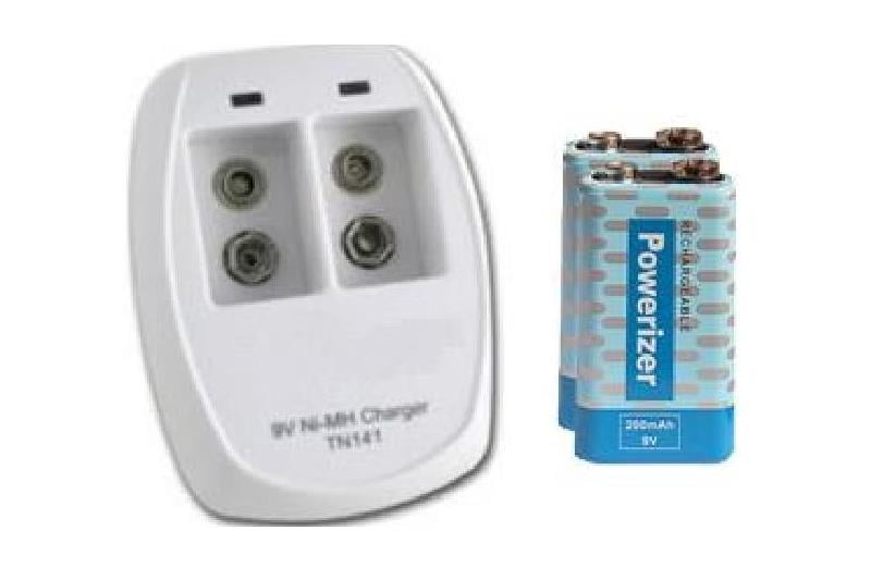 2 Bay 9 Volt Smart Battery Charger + 2-Pack 9 Volt NiMH Batteries (200 mAh)