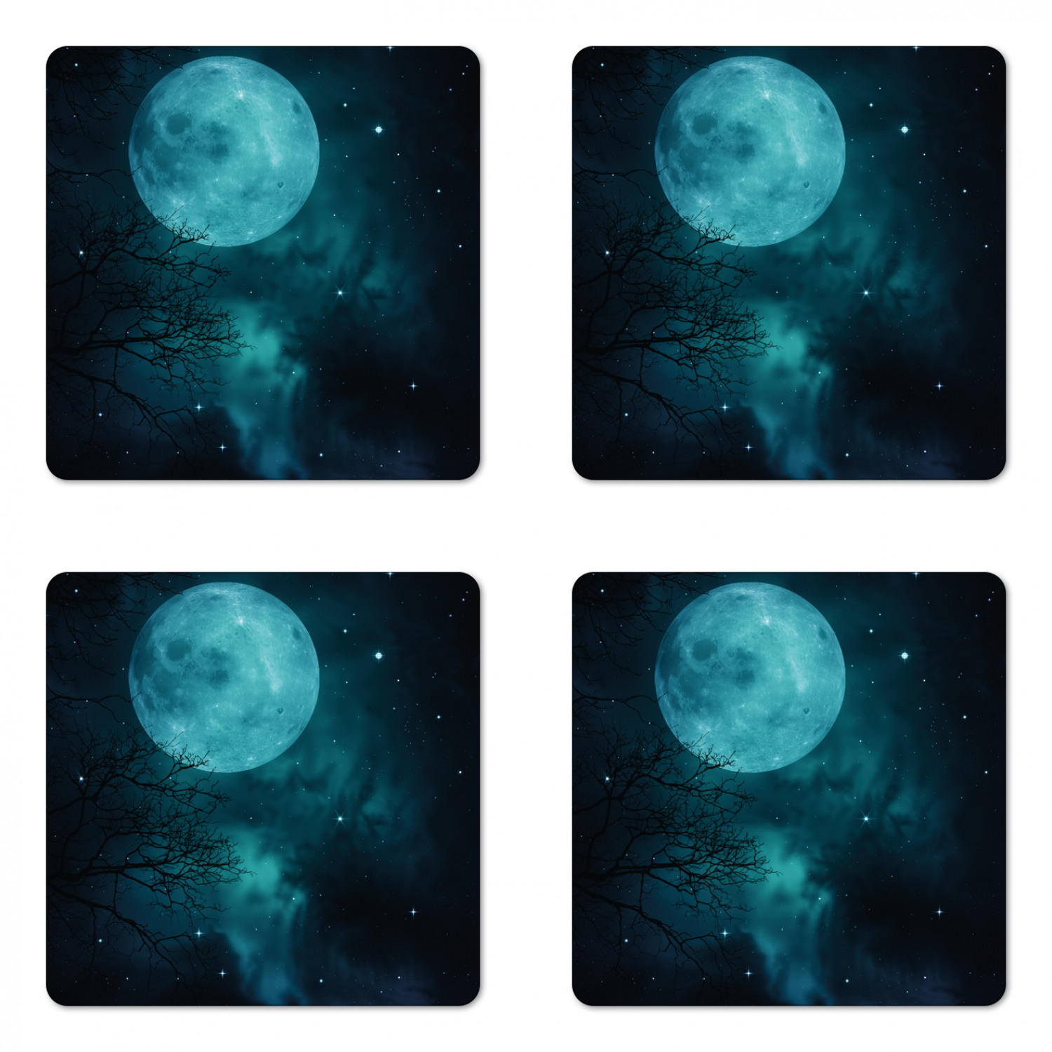Space Coaster Set of 4, Moon on Starry Sky Universe Cosmos Space Themed ...