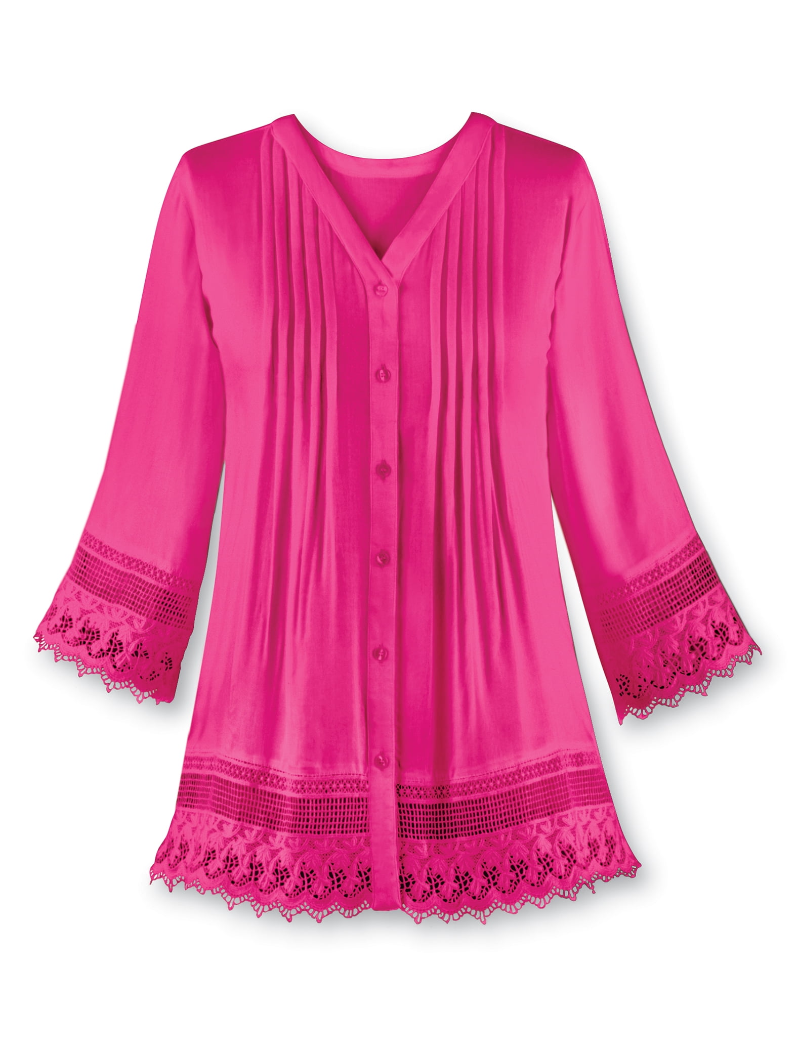 Collections Etc Women's Pintuck Lace Trim Button Down Tunic Fuchsia ...
