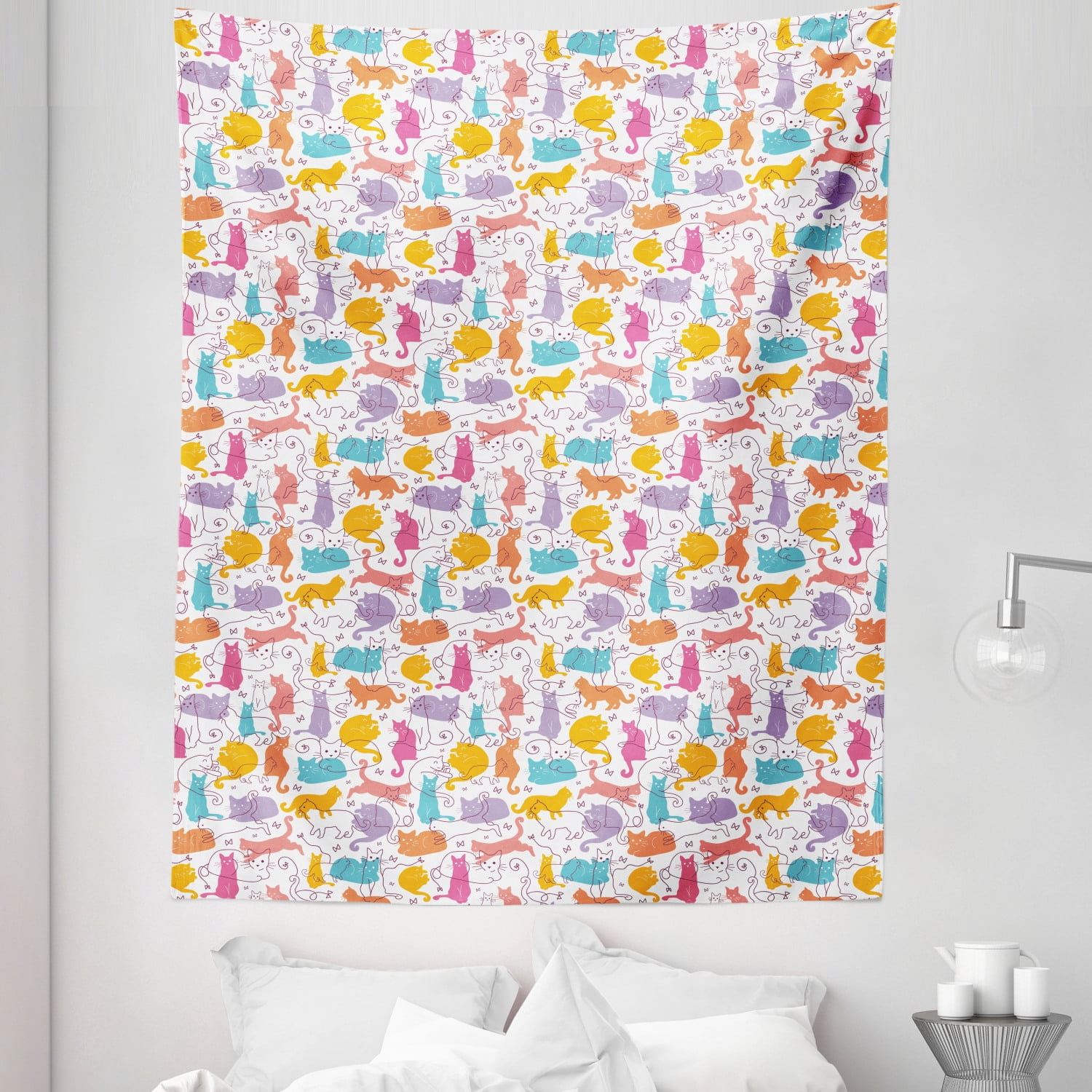 Cat Tapestry, Colorful Cat Silhouettes and Outlines Bow Ties Sleeping ...