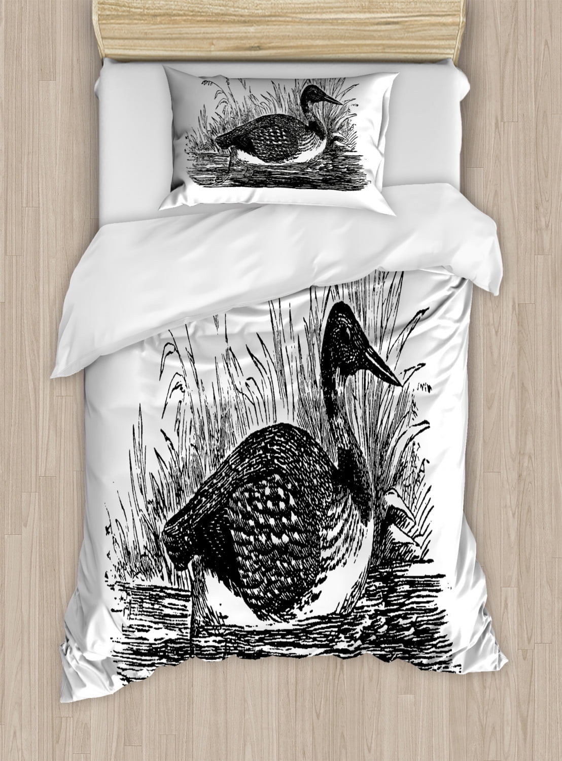 Loon Duvet Cover Set Twin Size, Monochrome Design of Loon Swimming ...