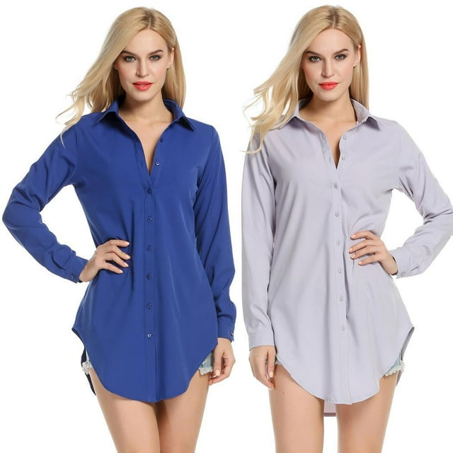 Women Long Sleeve Turn Down Collar Shirt Dress Button Front Loose