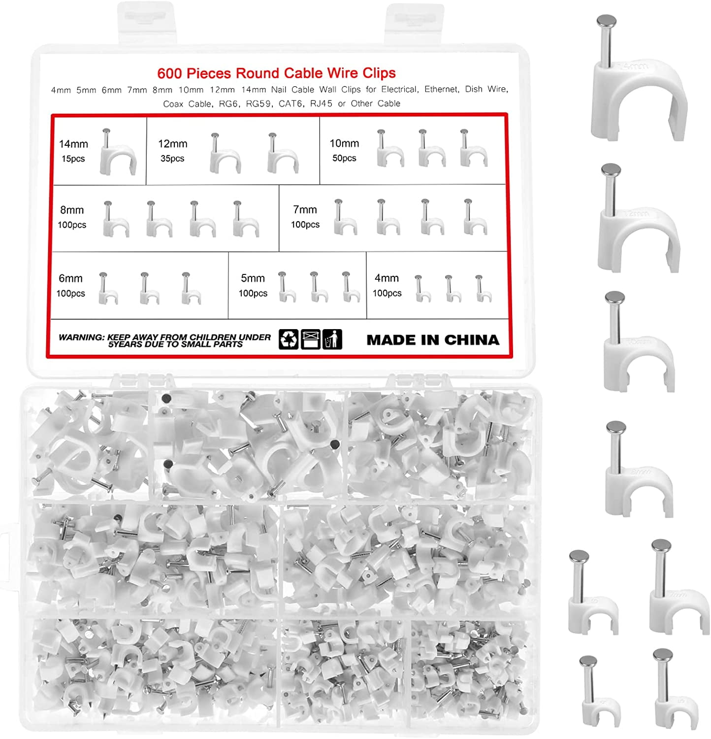 600pcs White Cable Clips with Steel Nails, 4mm 5mm 6mm 7mm 8mm 10mm ...