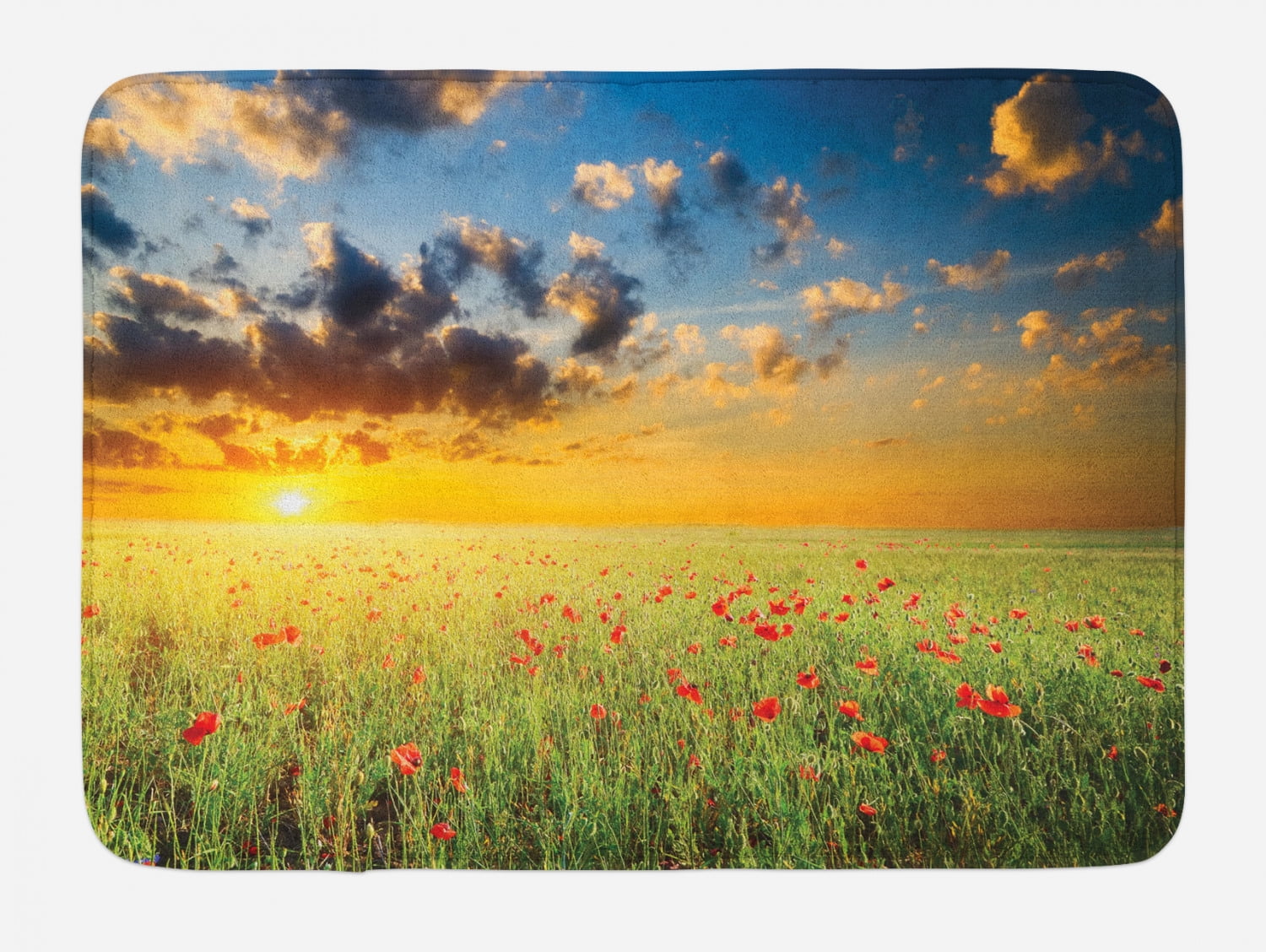 Poppy Bath Mat, Freshening Sky View with Grass and Poppies against ...