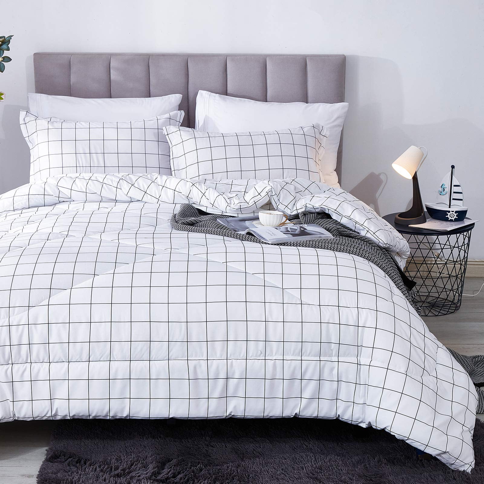 Andency White Grid Comforter Twin 66x90 Inch 2 Pieces 1 Plaid Comforter and 1 Pillowcase Black White Plaid Comforter Set Microfiber Down Alternative Geometric Comforter Bedding Set Walmart