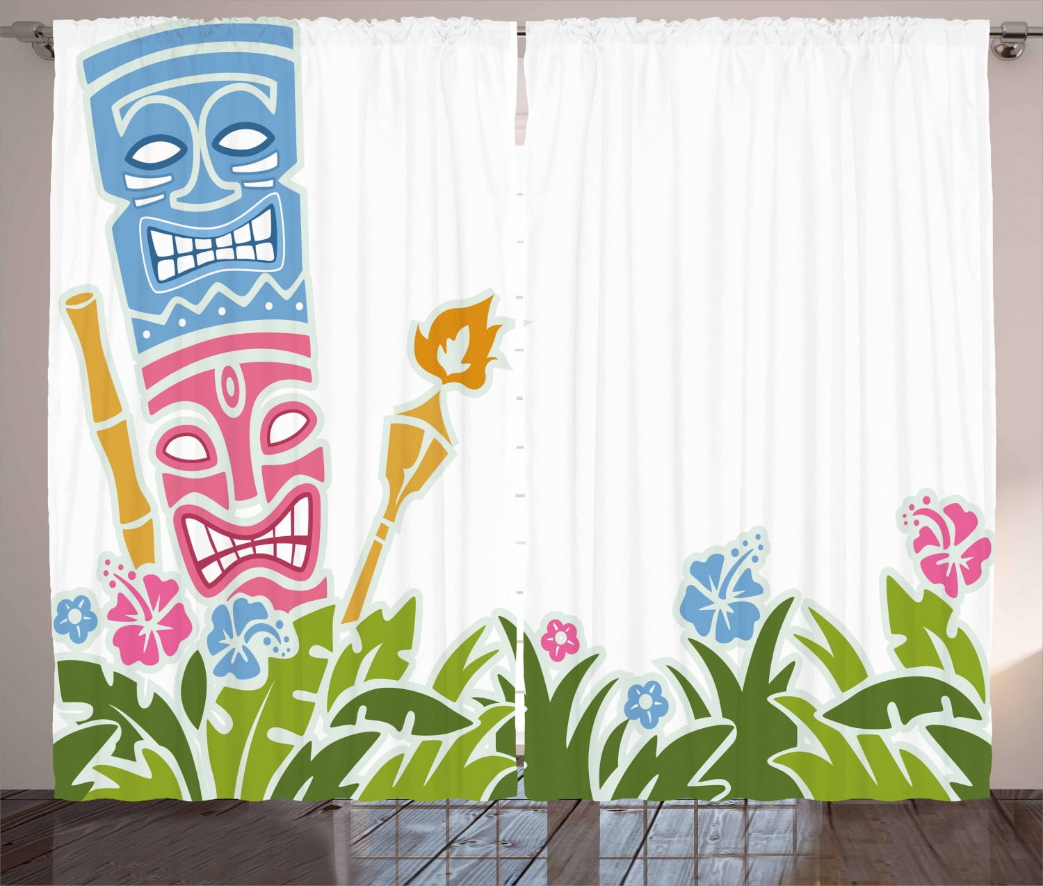 Tiki Bar Curtains 2 Panels Set, Statues Surrounded by Fresh Vibrant ...