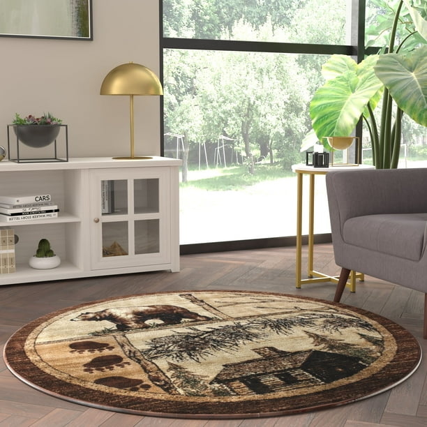 Emma + Oliver Rustic 6x6 Round Beige Plush Olefin Accent Rug with Bear ...