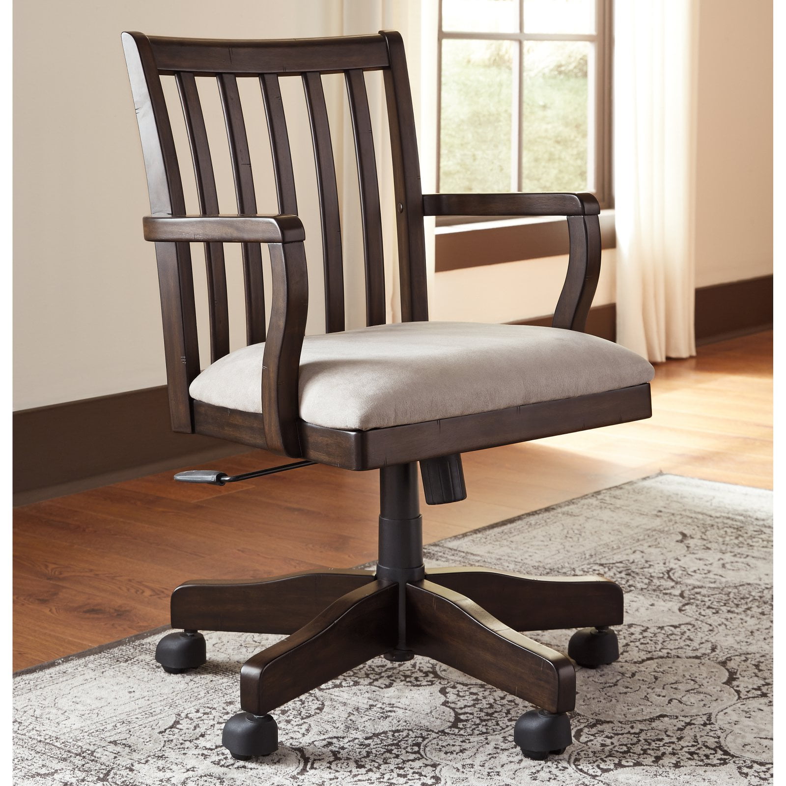 Slatted Back Wooden Swivel Chair with Microfiber Seat and Adjustable ...