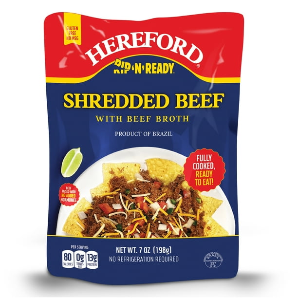 Hereford Fully Cooked Shredded Beef with Beef Broth, Shelf Stable Pouch ...