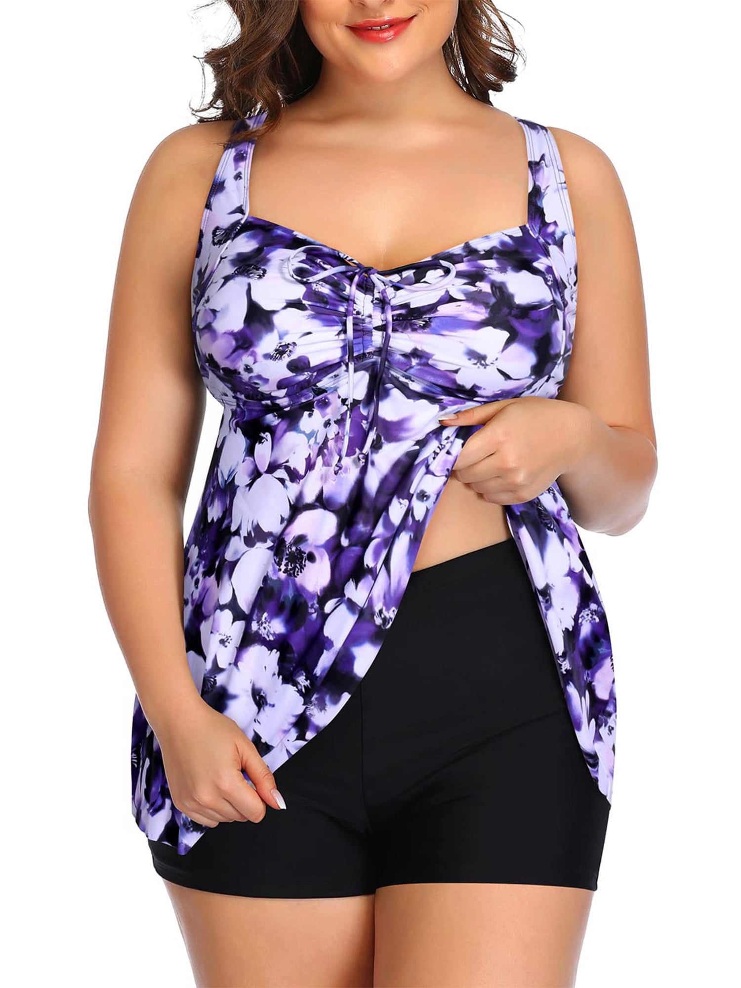 Womens Plus Size 2-Piece Bathing Suits Ruffle Tankini Top with ...