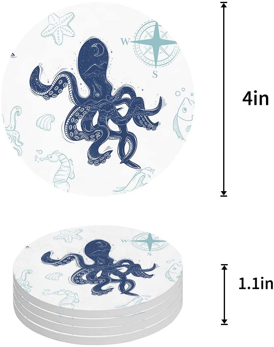 FMSHPON Octopus Set of 8 Round Coaster for Drinks, Absorbent Ceramic ...