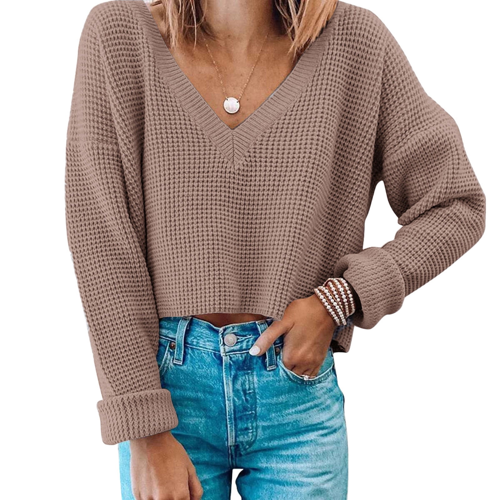 Dtydtpe cropped sweater Womens V Neck Knt Cropped Top Long Sleeve ...