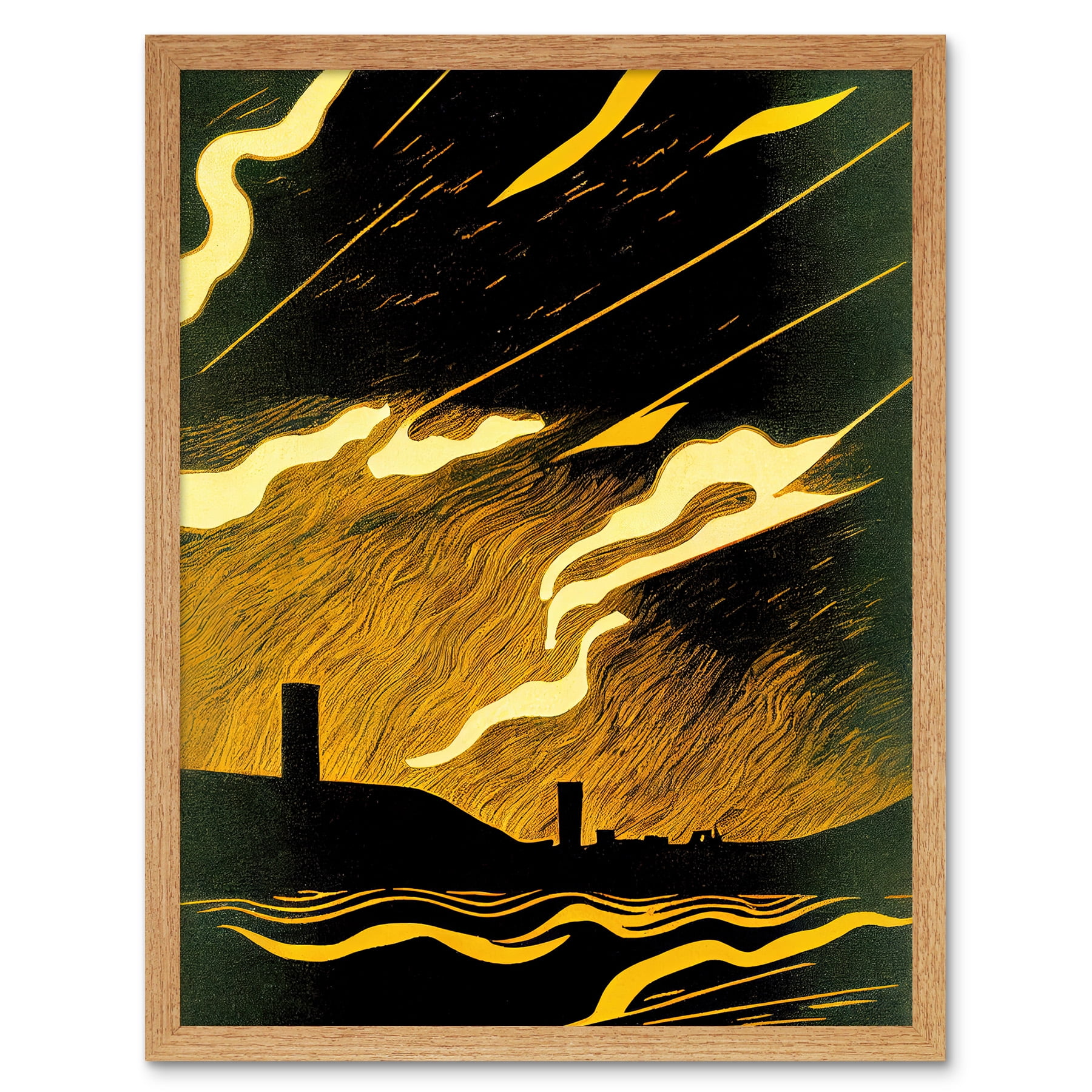The Storm Dramatic Linocut In Black And Gold Landscape Art Print Framed ...