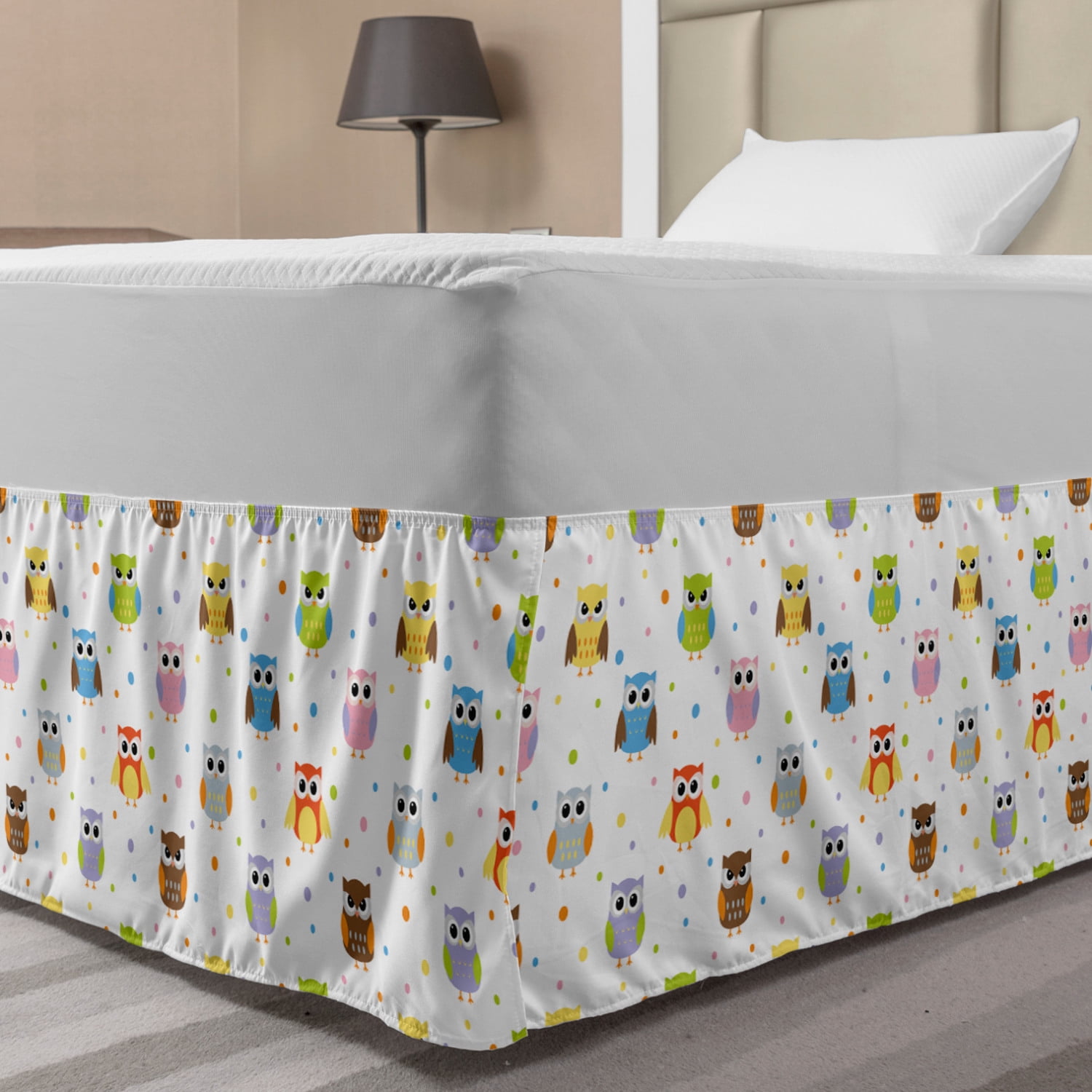 Owls Bed Skirt, Angry and Funny Cartoon Mascots with Colorful Dots ...