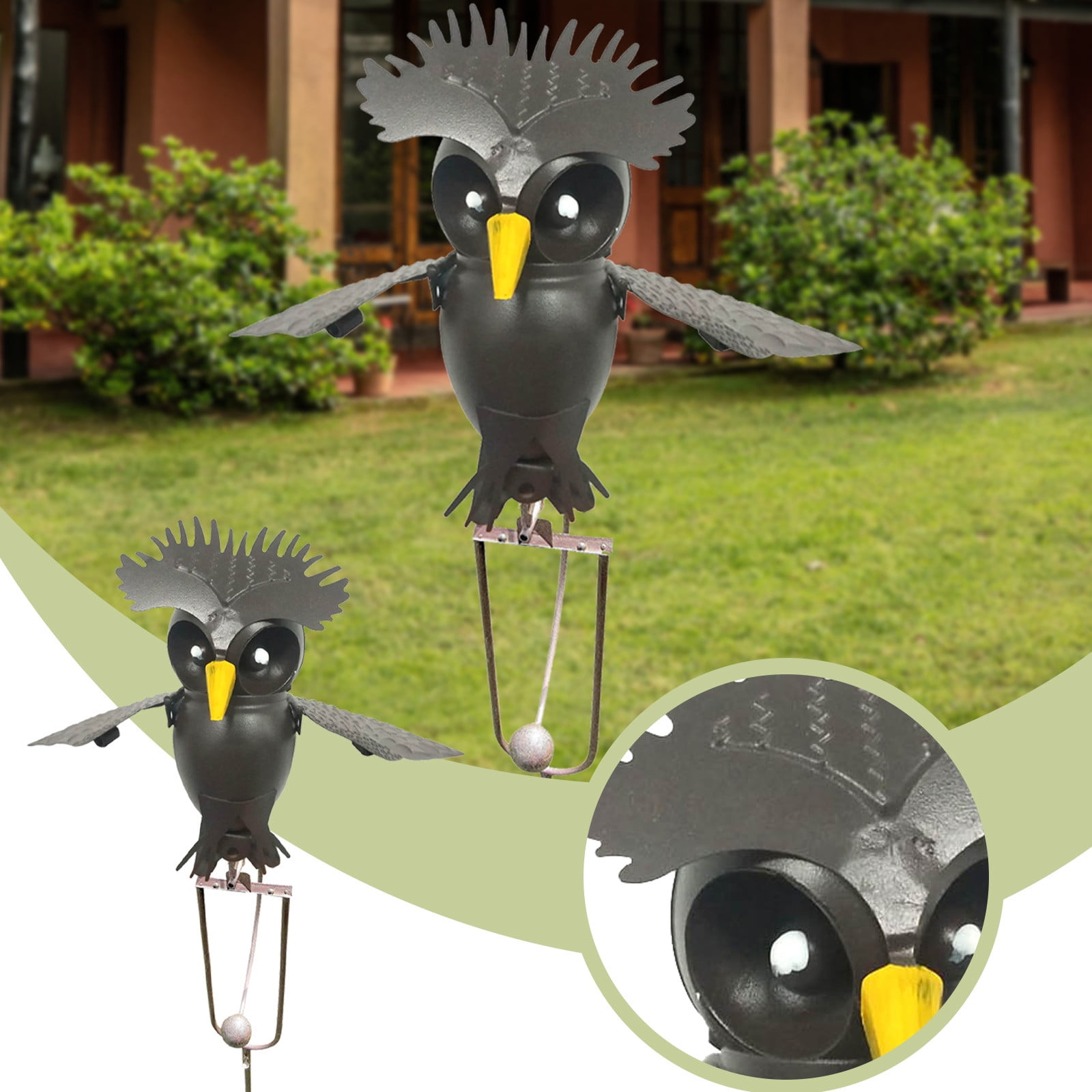 HHei_K Flapping Metal Brown Gray Owl Yard Stake Rocking Wind Whirly-Gig ...