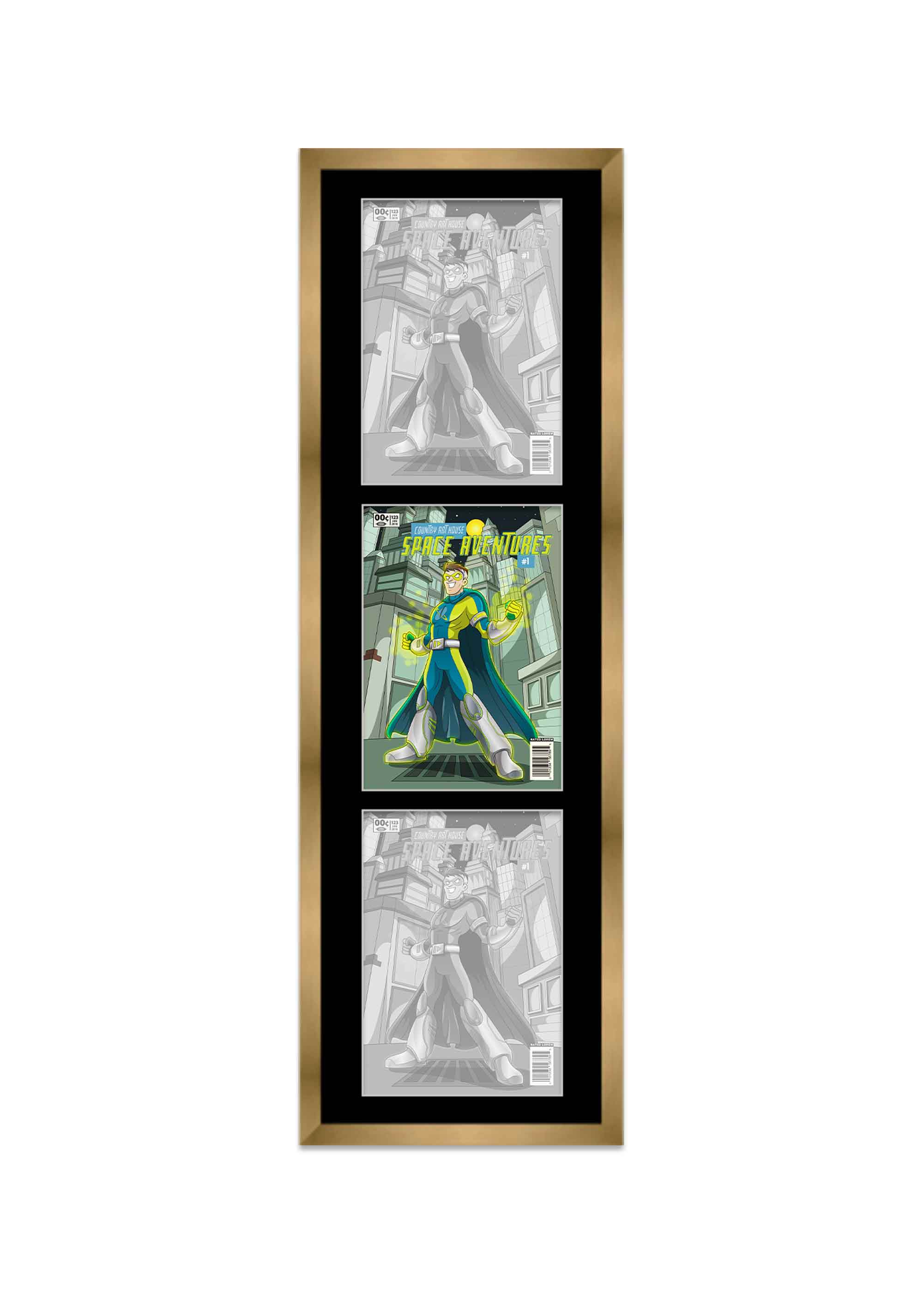 Gold Comic Book Frame with Black Mat - 3 Openingss to Display 3 7.75 ...