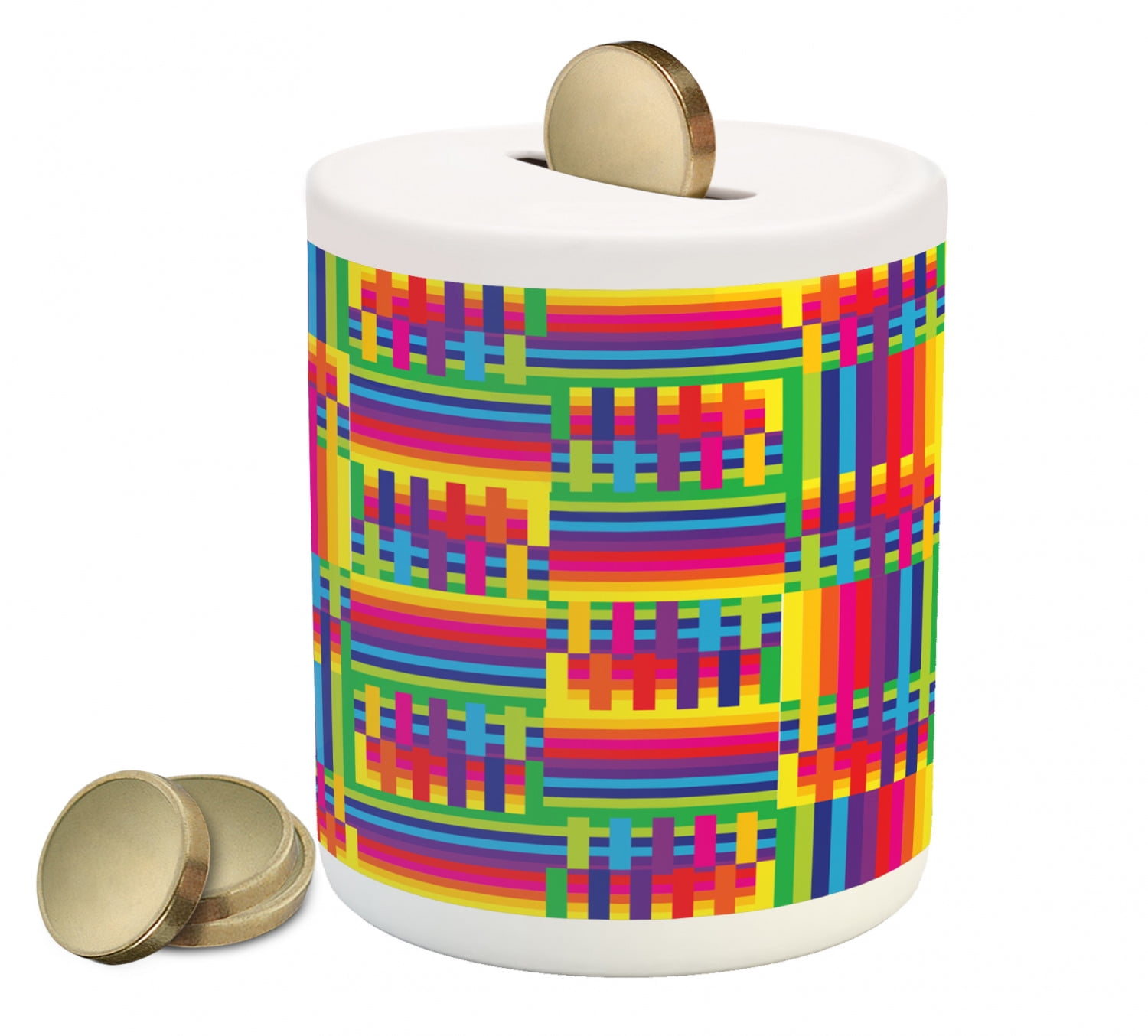 Vintage Rainbow Piggy Bank, Horizontal and Vertical Short Lines Vibrant ...