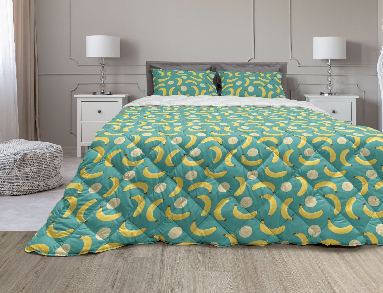 Banana Comforter & Sham Bedding Set, Pattern of Whole and Sliced Fruit ...