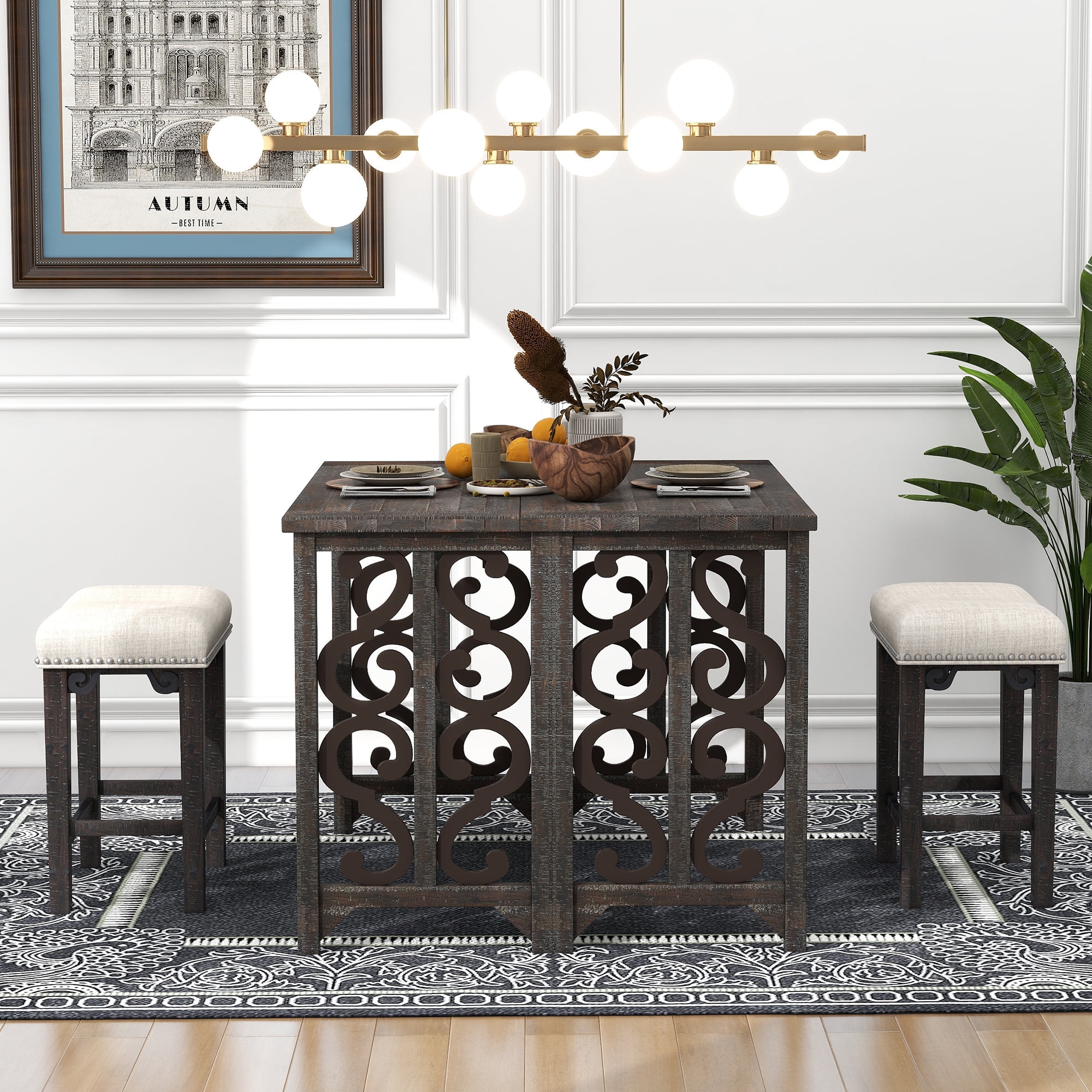 Retro Wood 3-Piece Counter Height Dining Set, Including 2 Stools, 1 ...