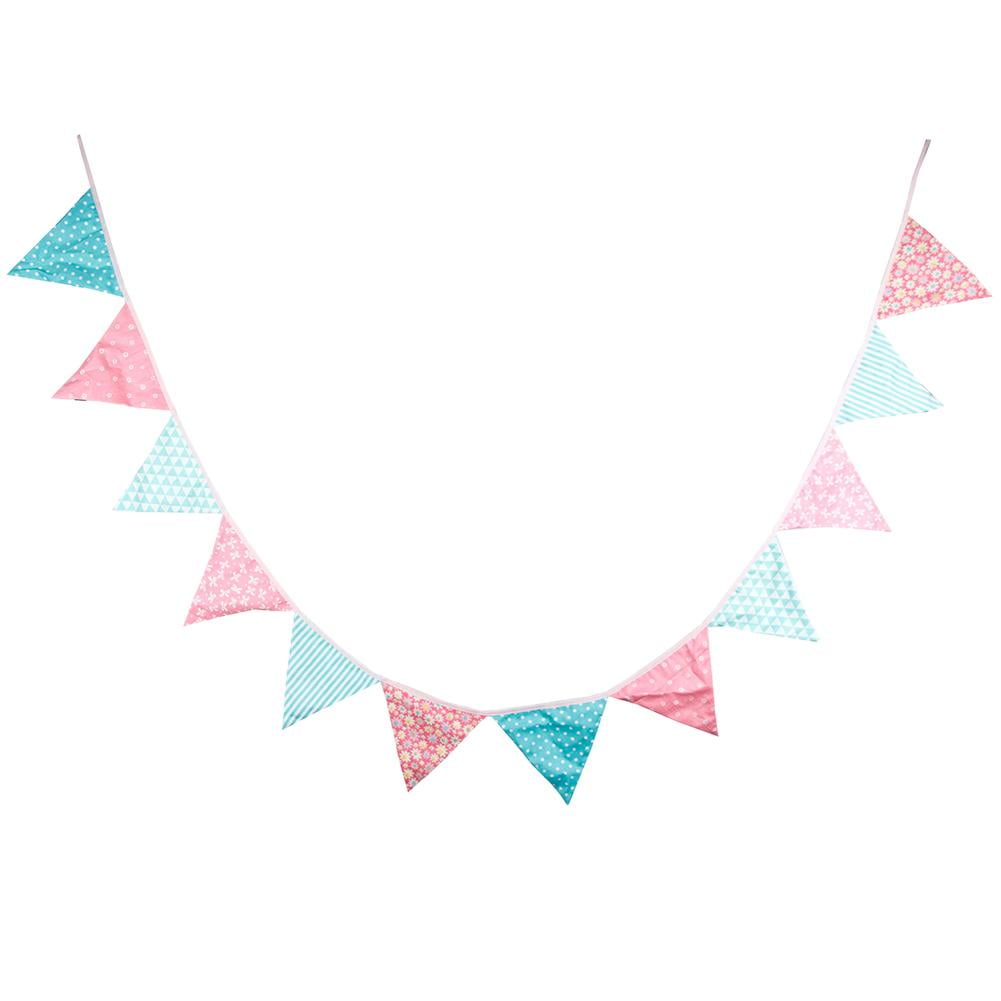 12 Flags Pink Blue Floral Cotton Fabric Bunting Pennant Banner Birthday ...