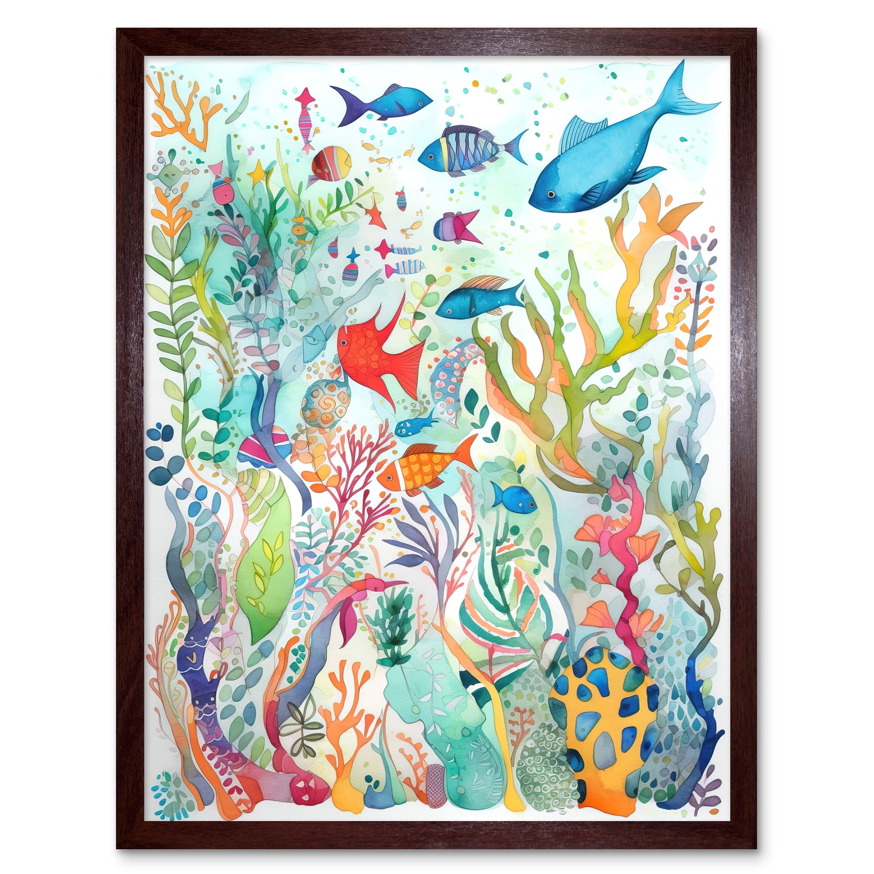 Aquatic Scene Marine Life Folk Art Watercolour Painting Art Print ...
