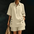 2 Piece Linen Outfits for Women Oversized Fit Short Sleeve Button Lapel ...