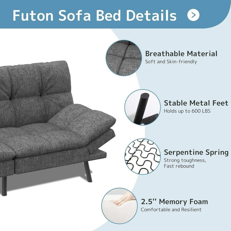 MILEMONT Modern Memory Foam Futon with Adjustable Armrests Gray Walmart