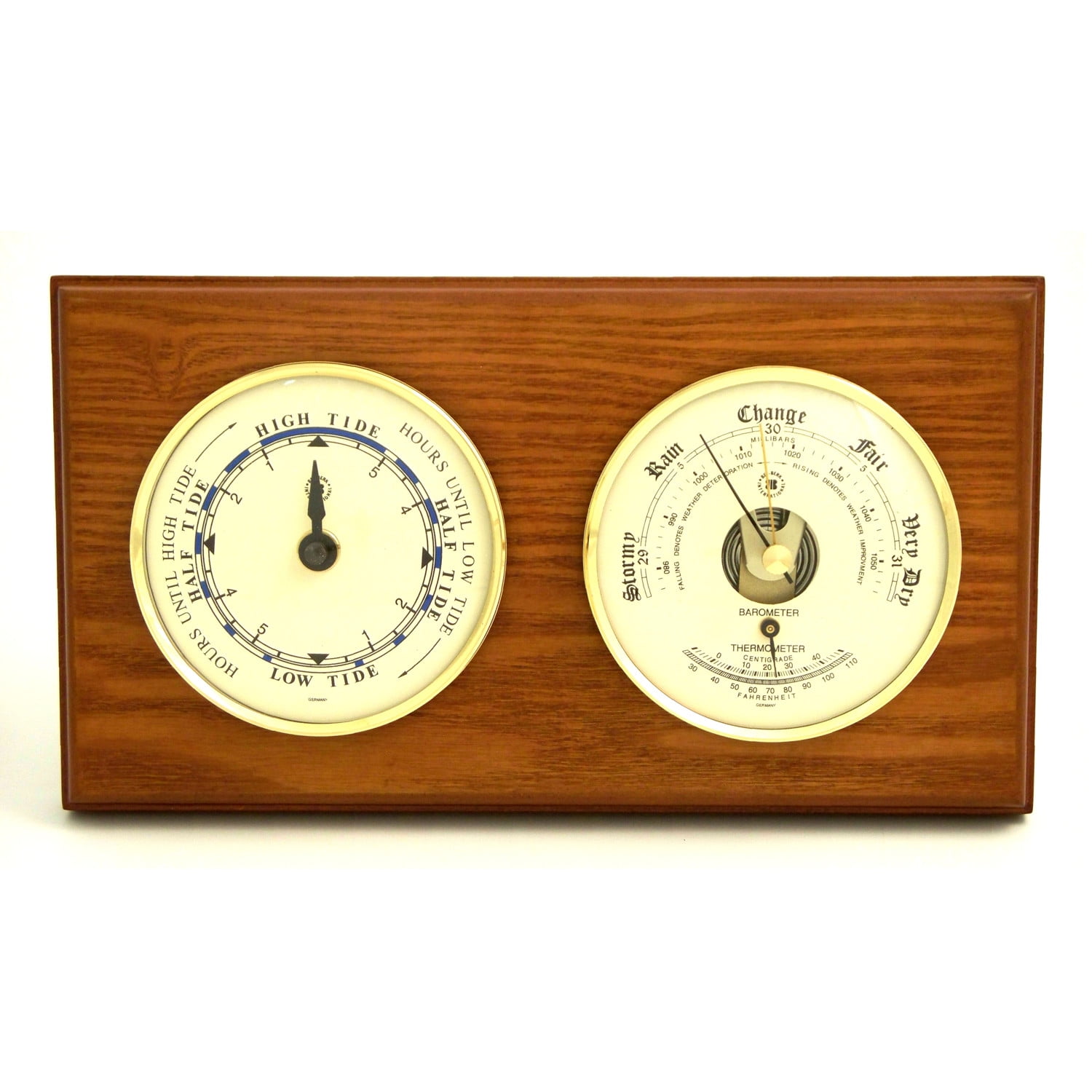 Tide Clock and Barometer with Thermometer on Oak Wood with Brass Bezel ...