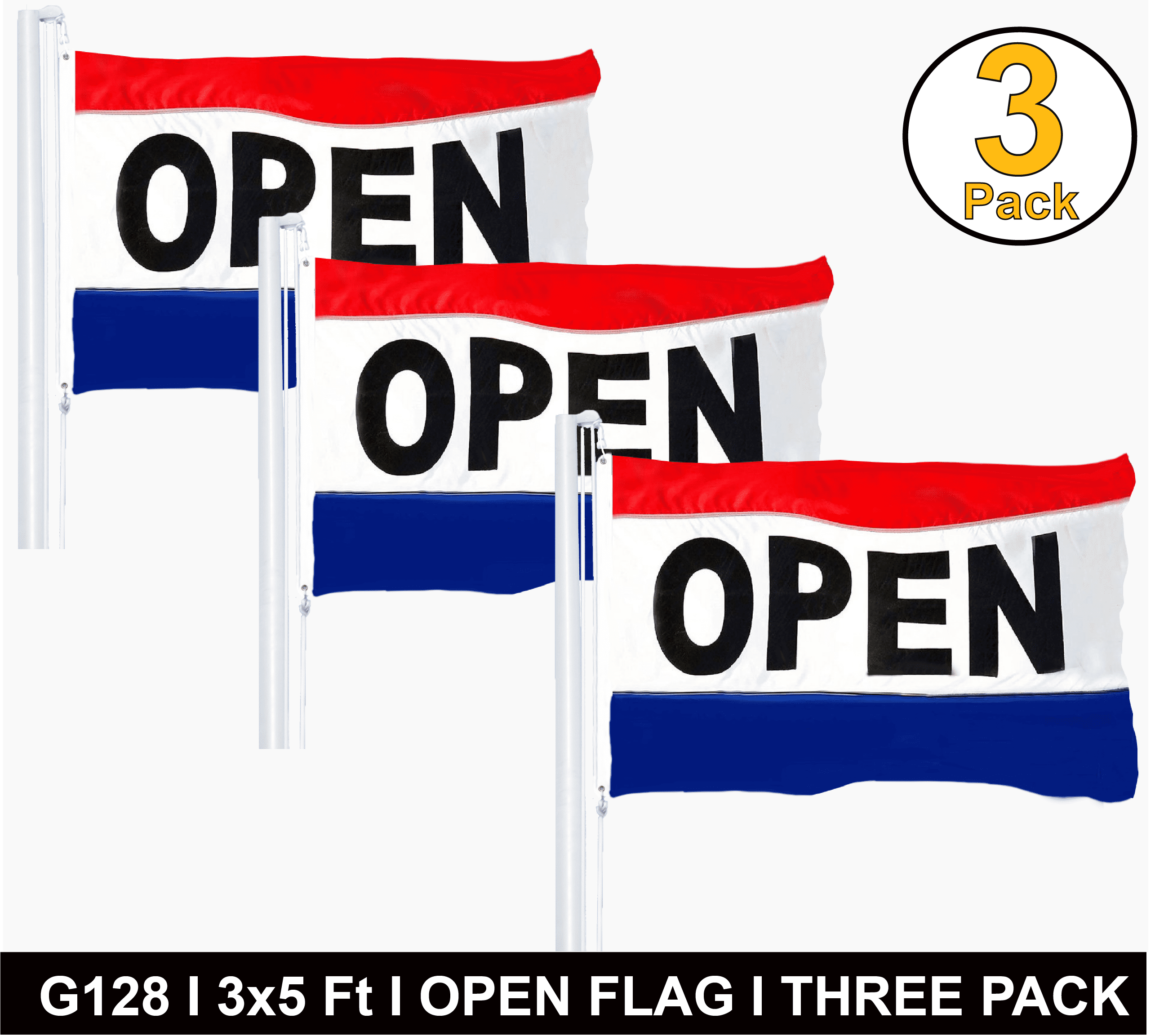 G128 - THREE PACK of OPEN Flag Red White Blue Store Banner Advertising ...